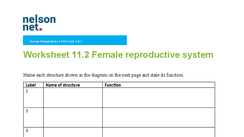 Female reproductive system WS - Human Perspectives ATAR Units 1 & 2 ...