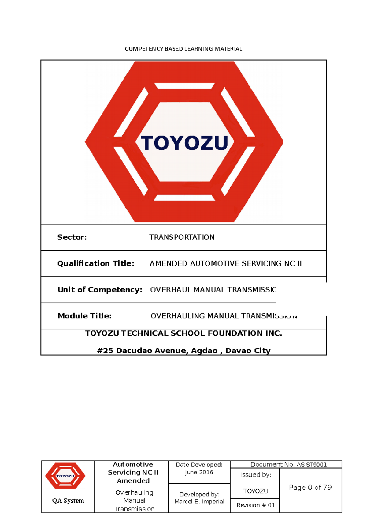Overhaul Manual Transmission - COMPETENCY BASED LEARNING MATERIAL ...