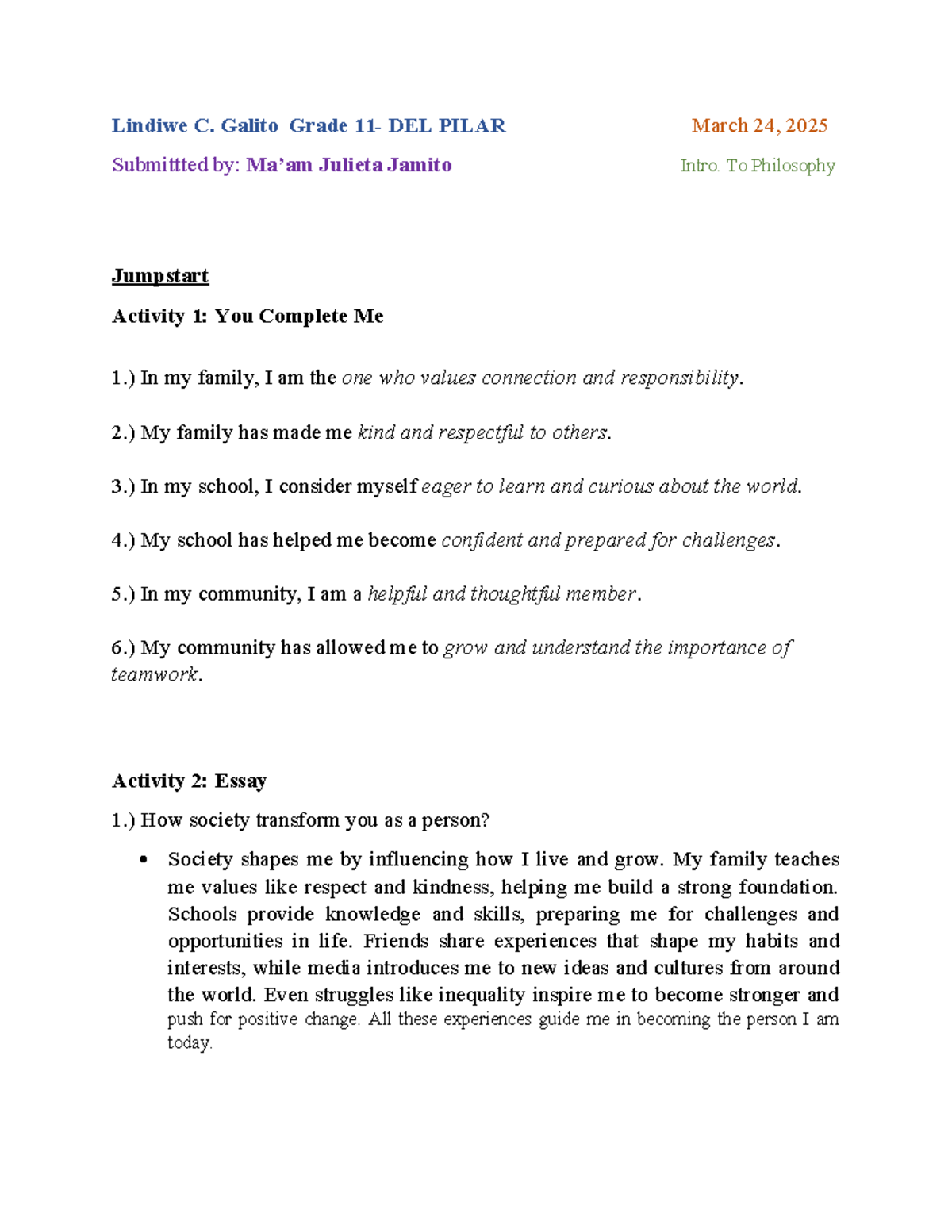 Intro to Philosophy Activity: Personal Growth Reflections - Studocu