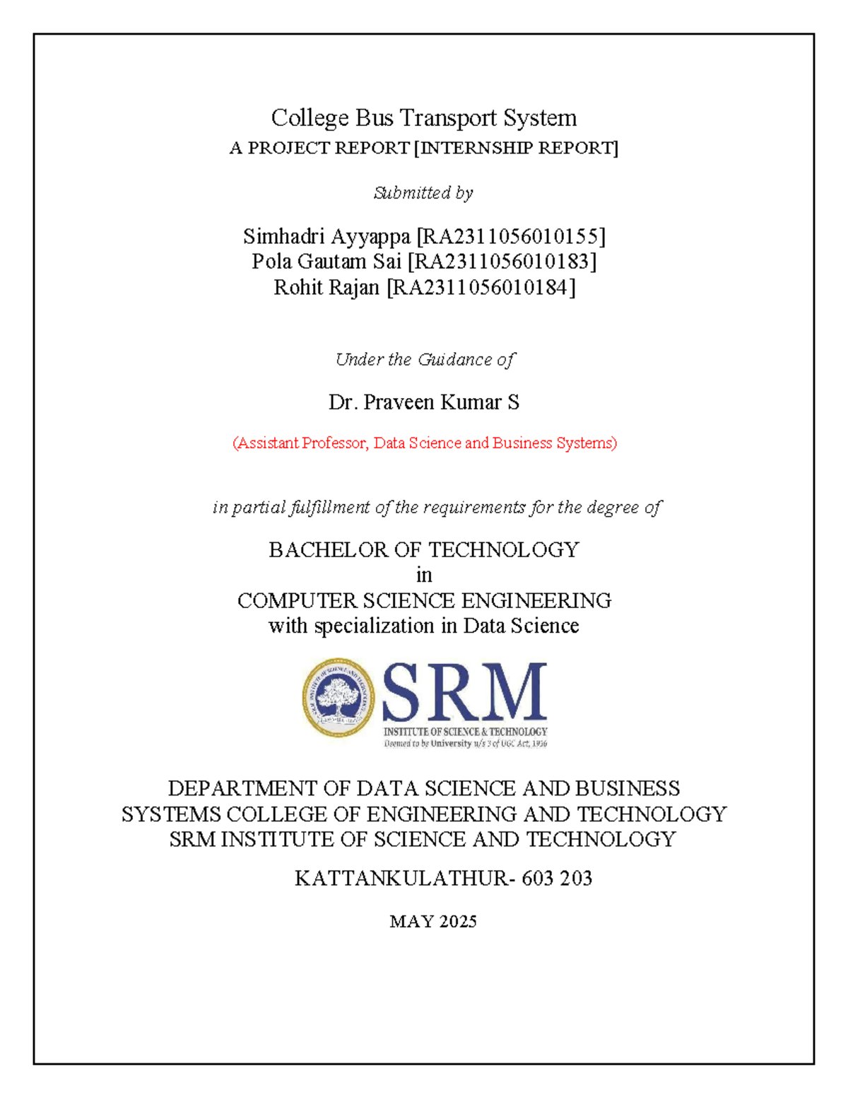 DBMS Project Report: College Bus Transport System (21CSC205P) - Studocu