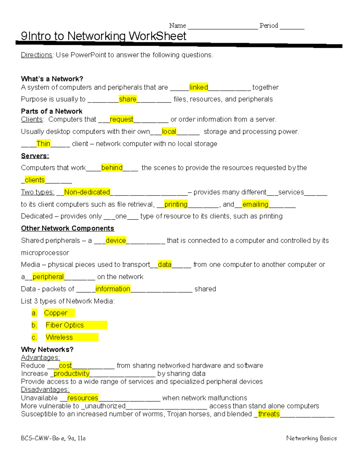 Introduction to Networking Work Sheet - 9Intro to Networking WorkSheet ...