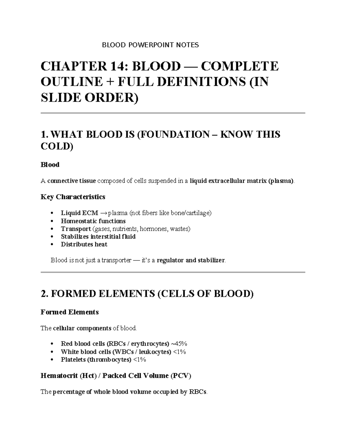 BLOOD POWERPOINT NOTES CH 14: COMPLETE OUTLINE & DEFINITIONS - Studocu