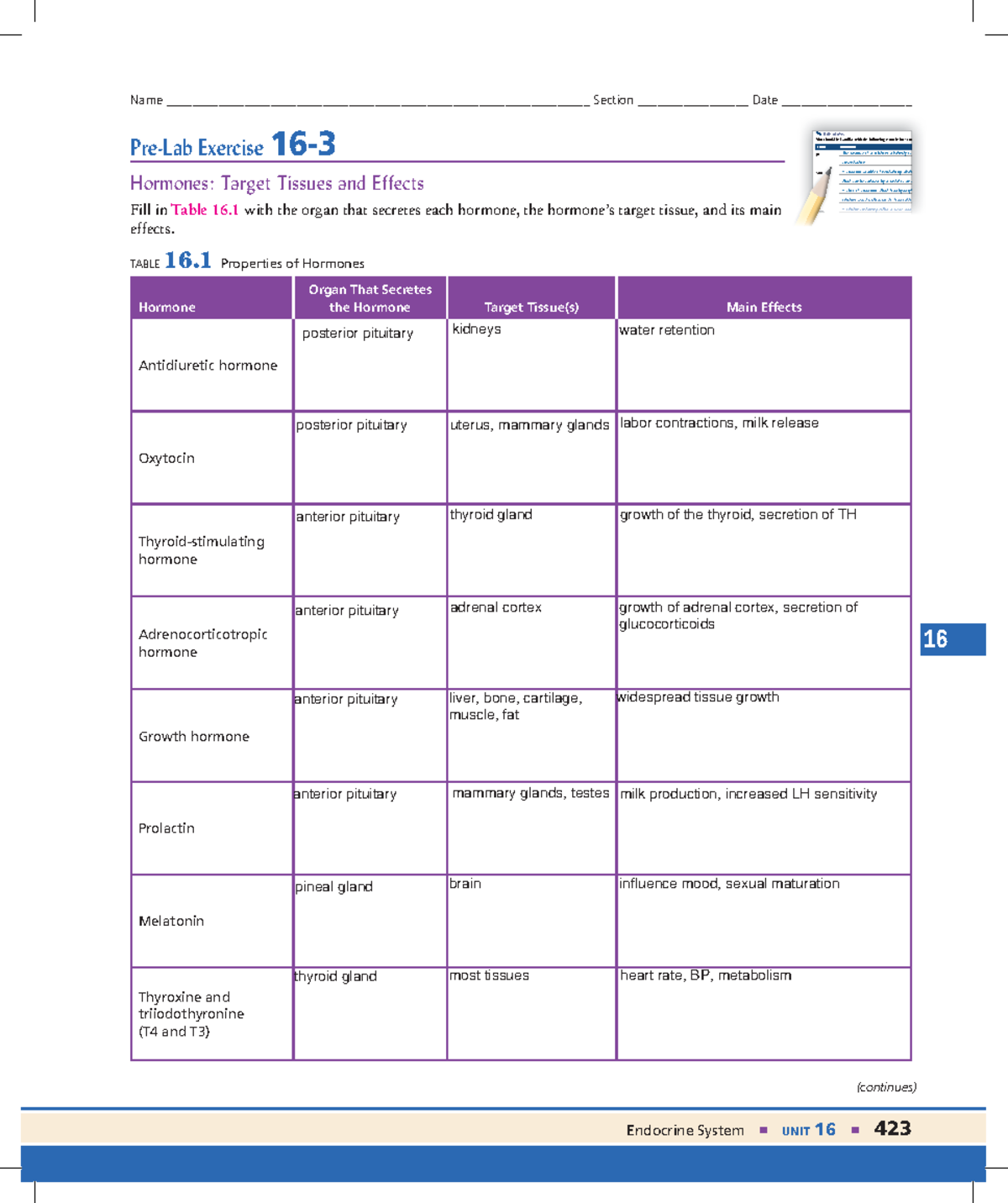 Unit 16 Pre-Lab Exercise: Hormones, Target Tissues, and Effects - Studocu