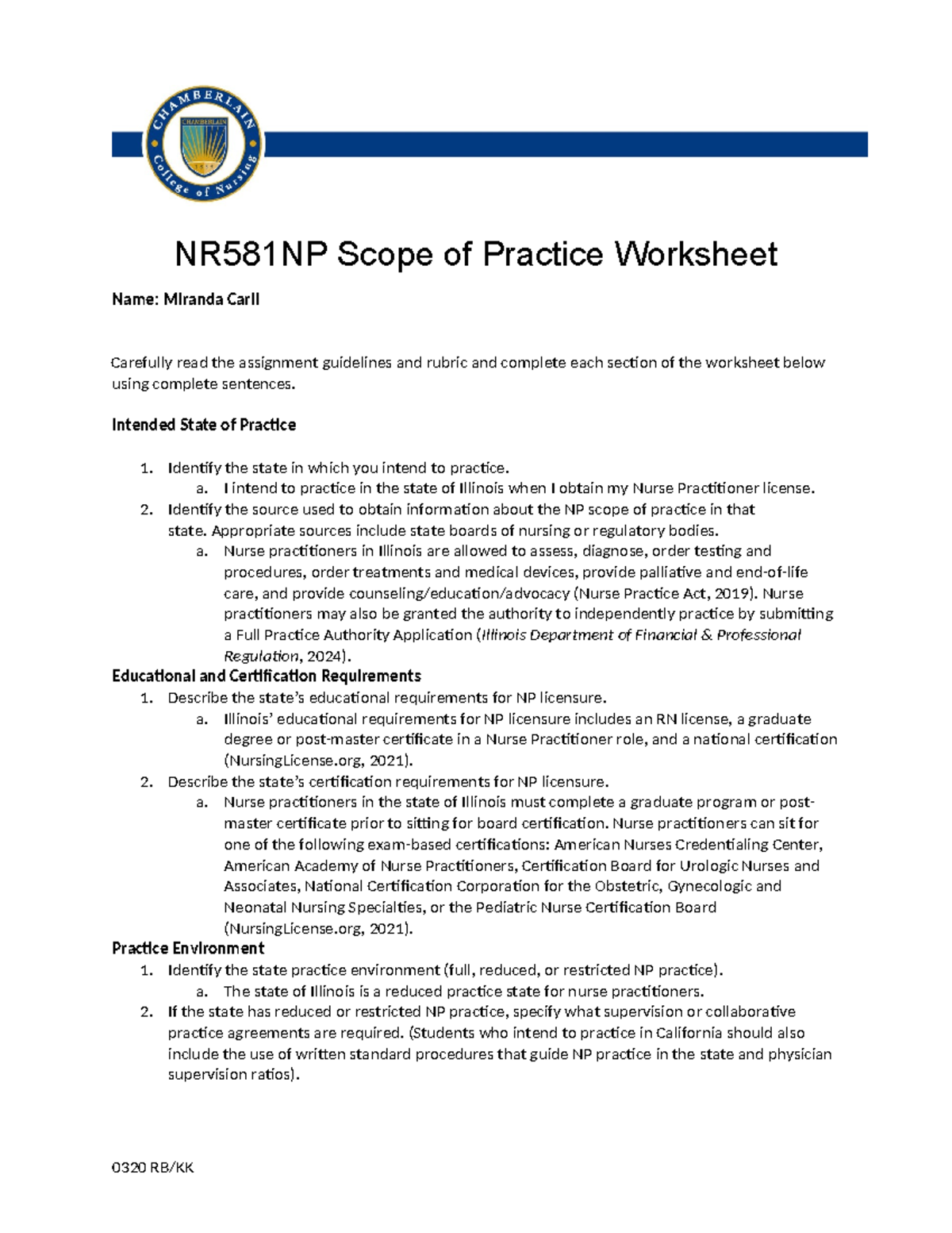 NR581NP Scope of Practice Worksheet: Illinois Nurse Practitioner ...
