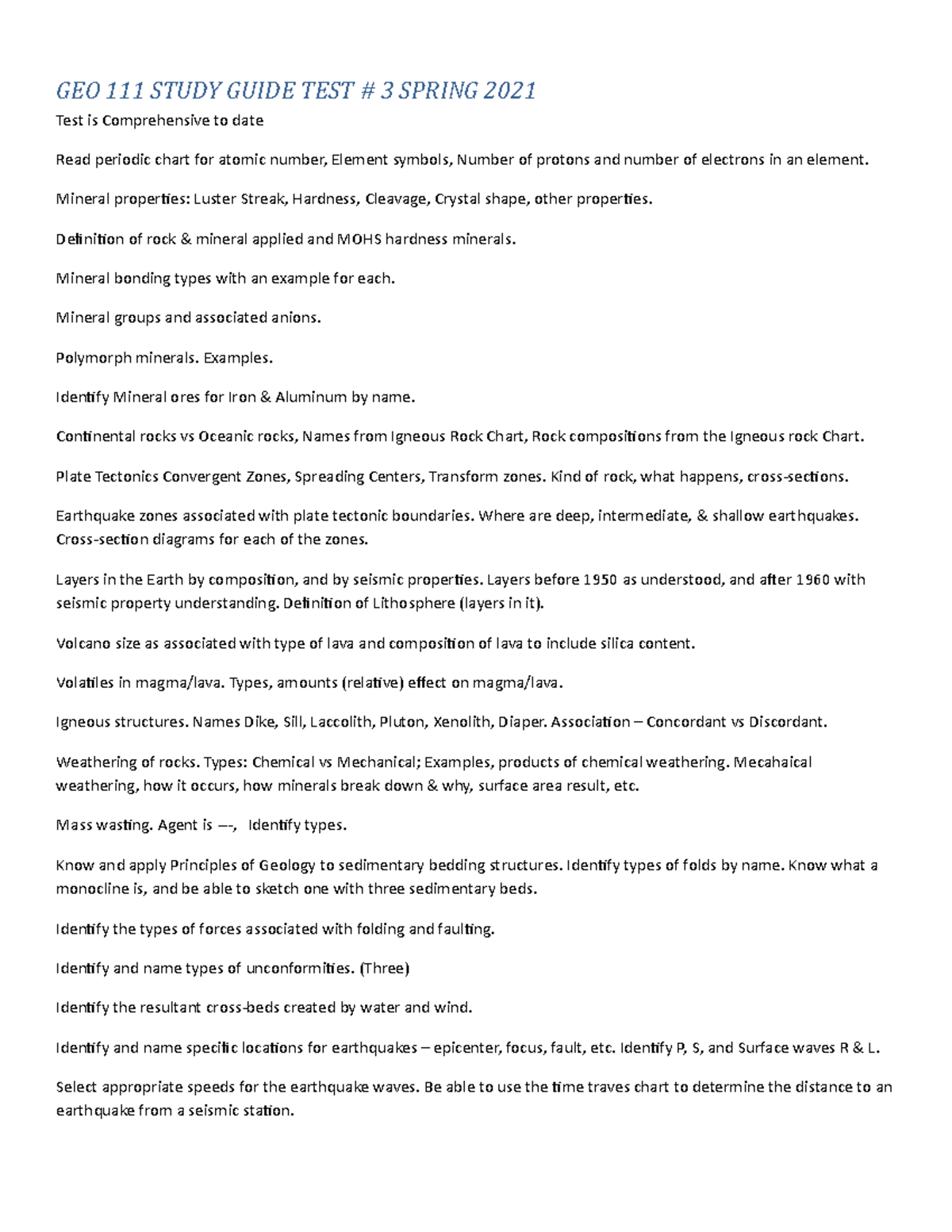 GEO 111 Study Guide TEST 3 Spring 2021 - GEO 111 STUDY GUIDE TEST # 3 ...