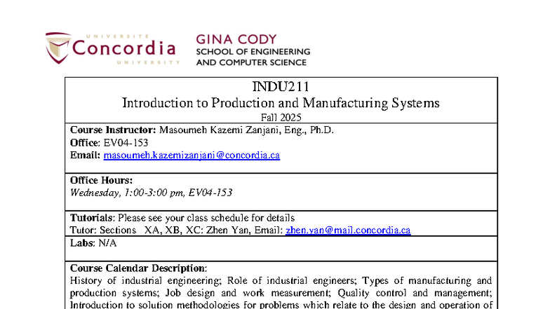 INDU211 Course Outline: Introduction to Production & Manufacturing ...