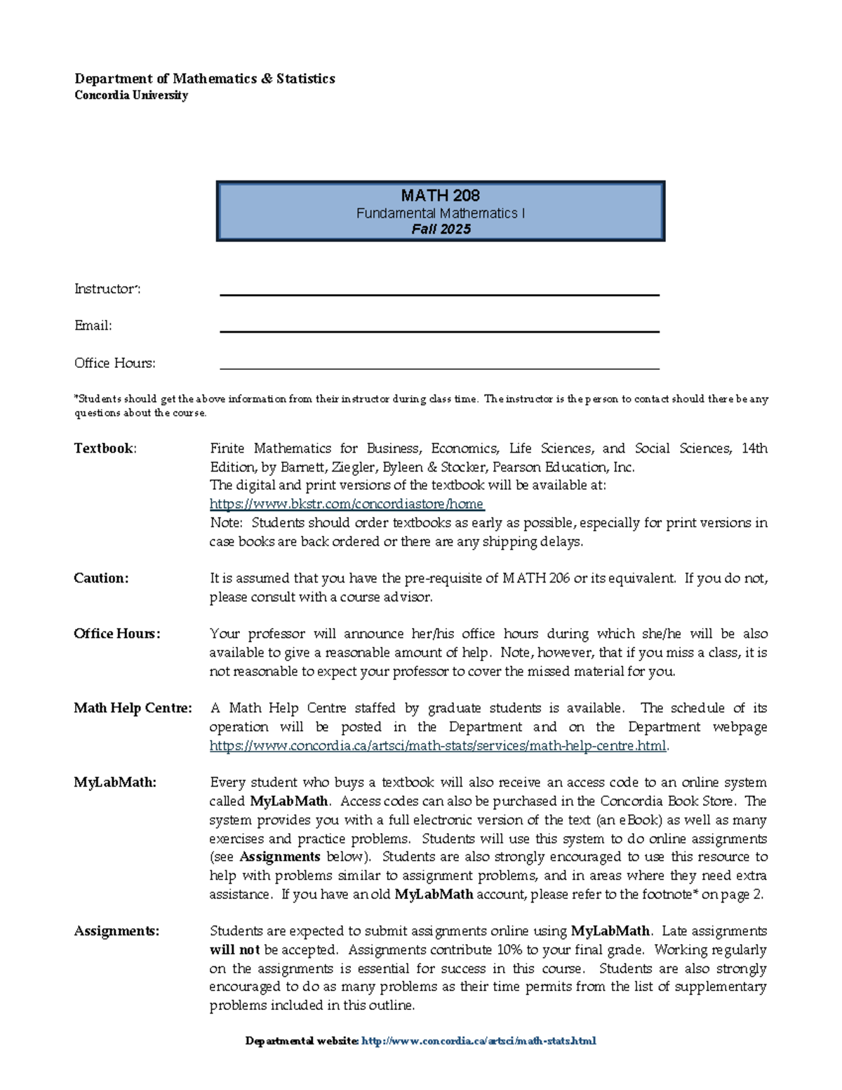 MATH 208 Fall 2025 Course Outline: Fundamental Mathematics I - Studocu
