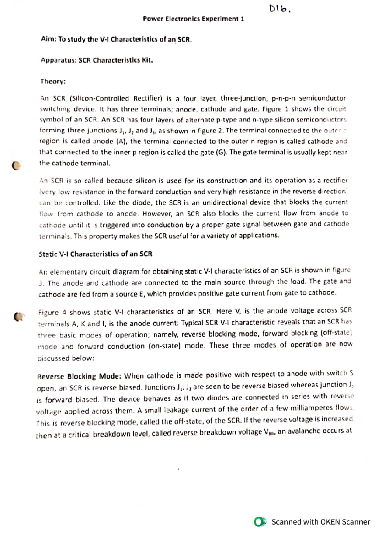 Characteristics of SCR - Power Electronics Experiment D16 - Studocu