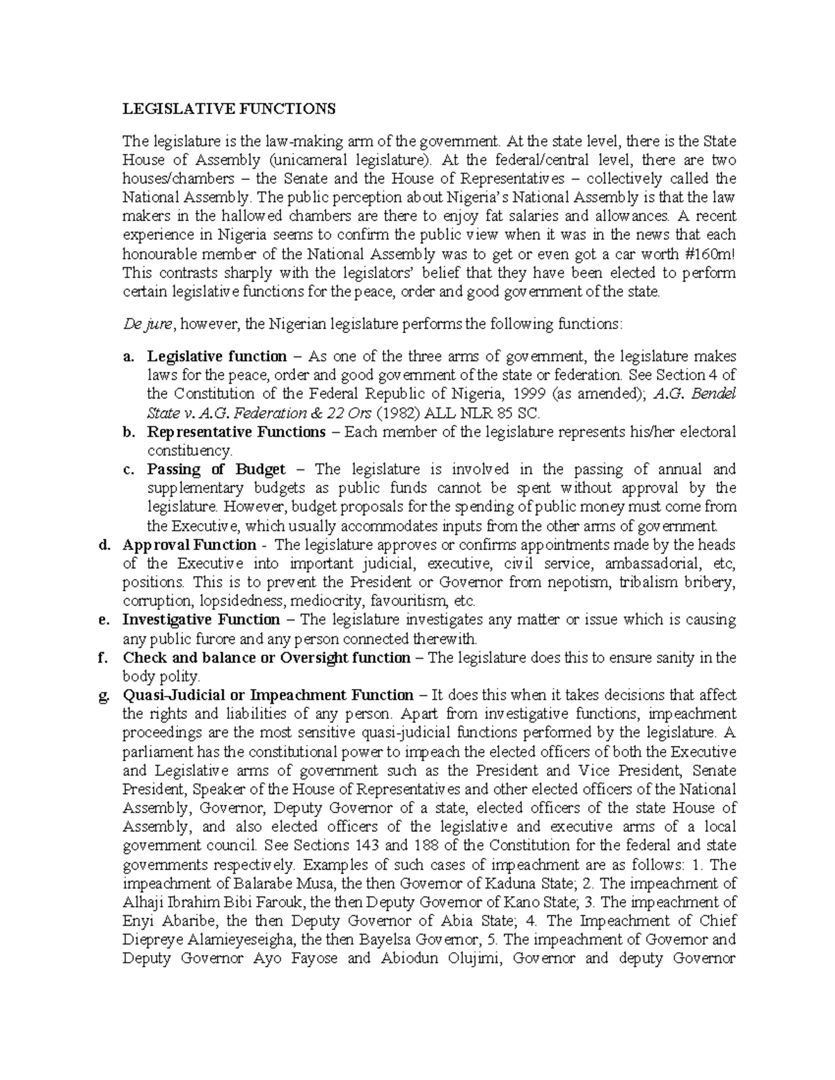 200 Level Constitutional LAW II: Legislative Functions Overview - Studocu