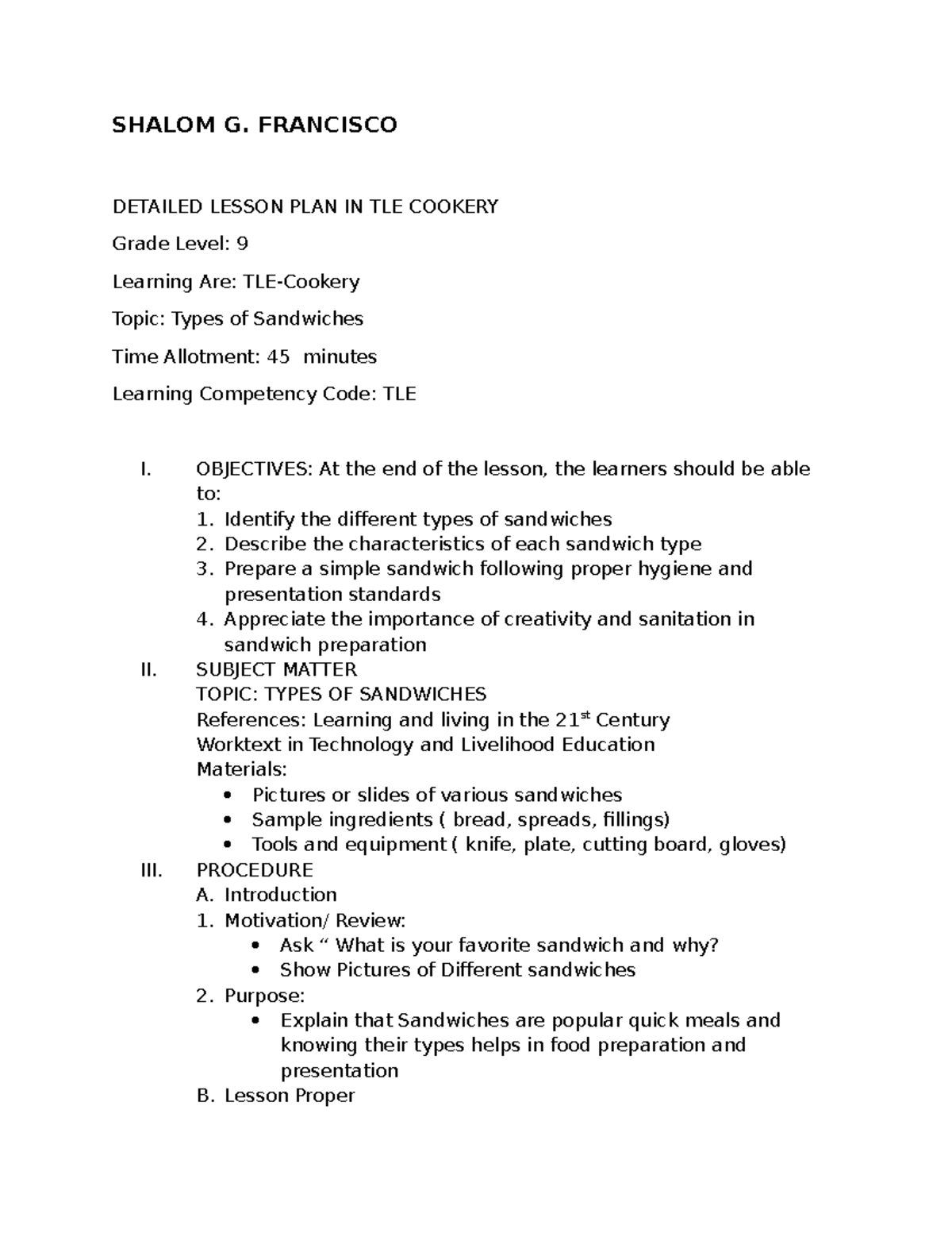 Detailed Lesson Plan in TLE 9: Types of Sandwiches - Studocu