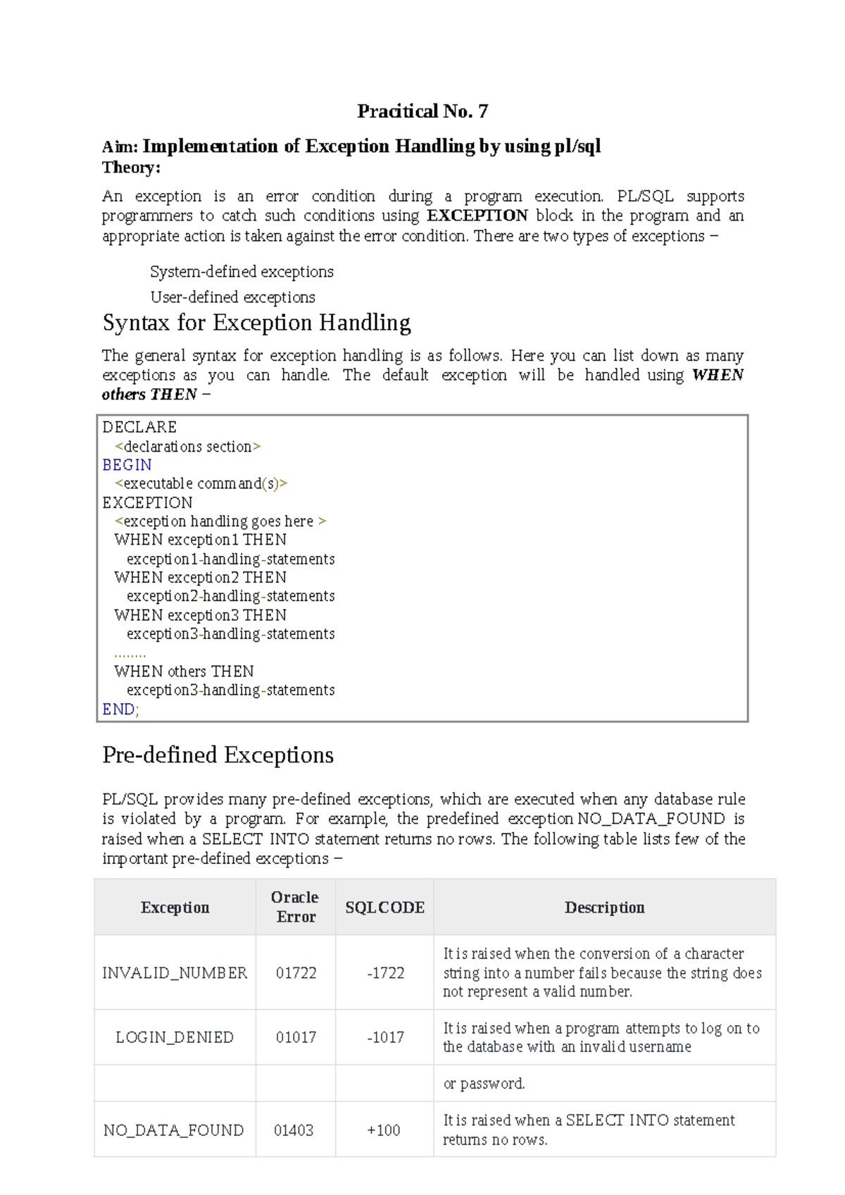 Practical No. 7: Exception Handling Implementation in SQL - Studocu