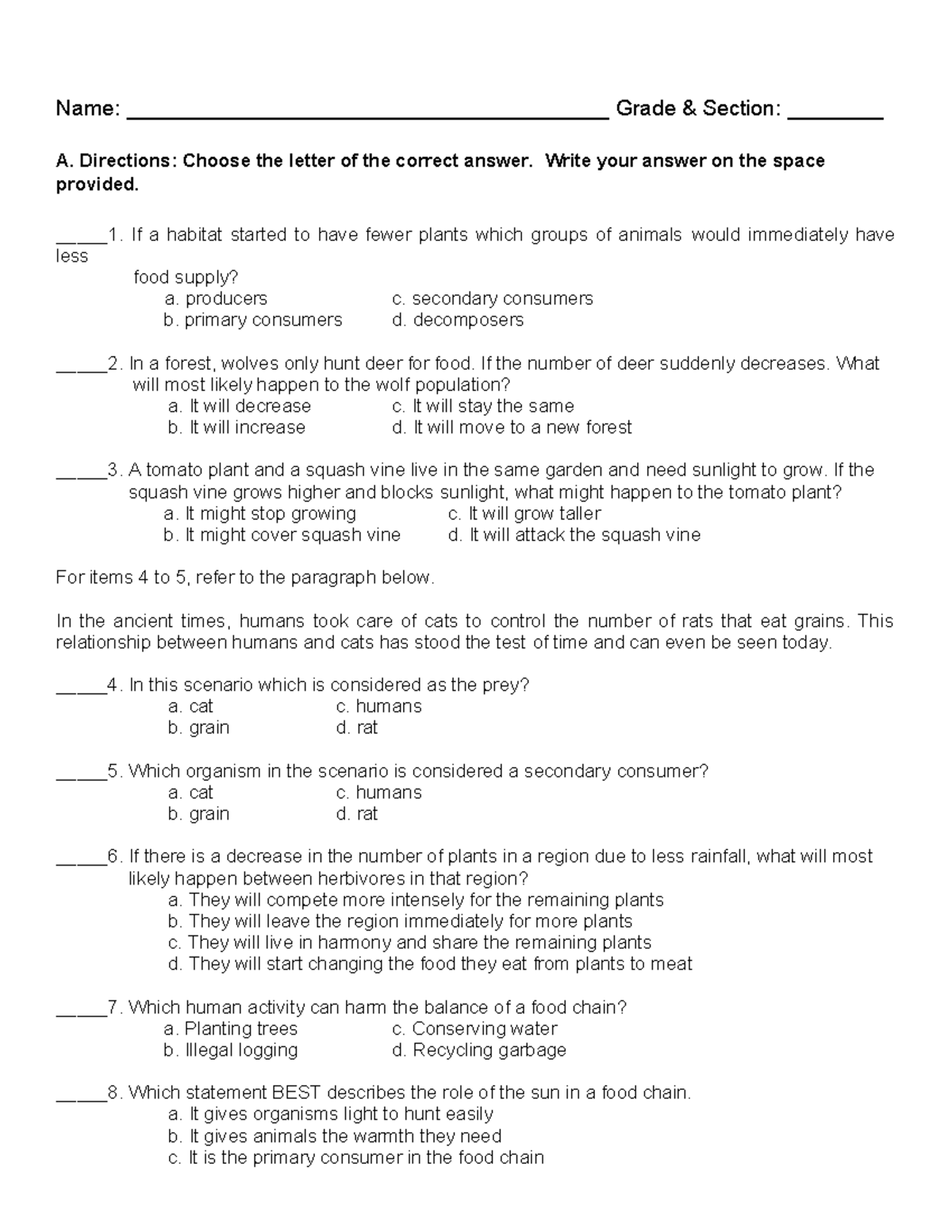 Evaluation - Food Chain Quiz: Understanding Ecosystem Dynamics - Studocu