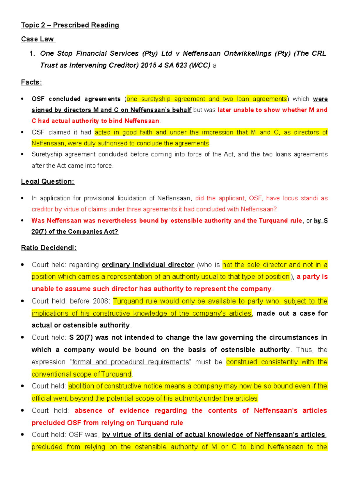Topic 2 Reading Material - Topic 2 – Prescribed Reading Case Law 1. One ...