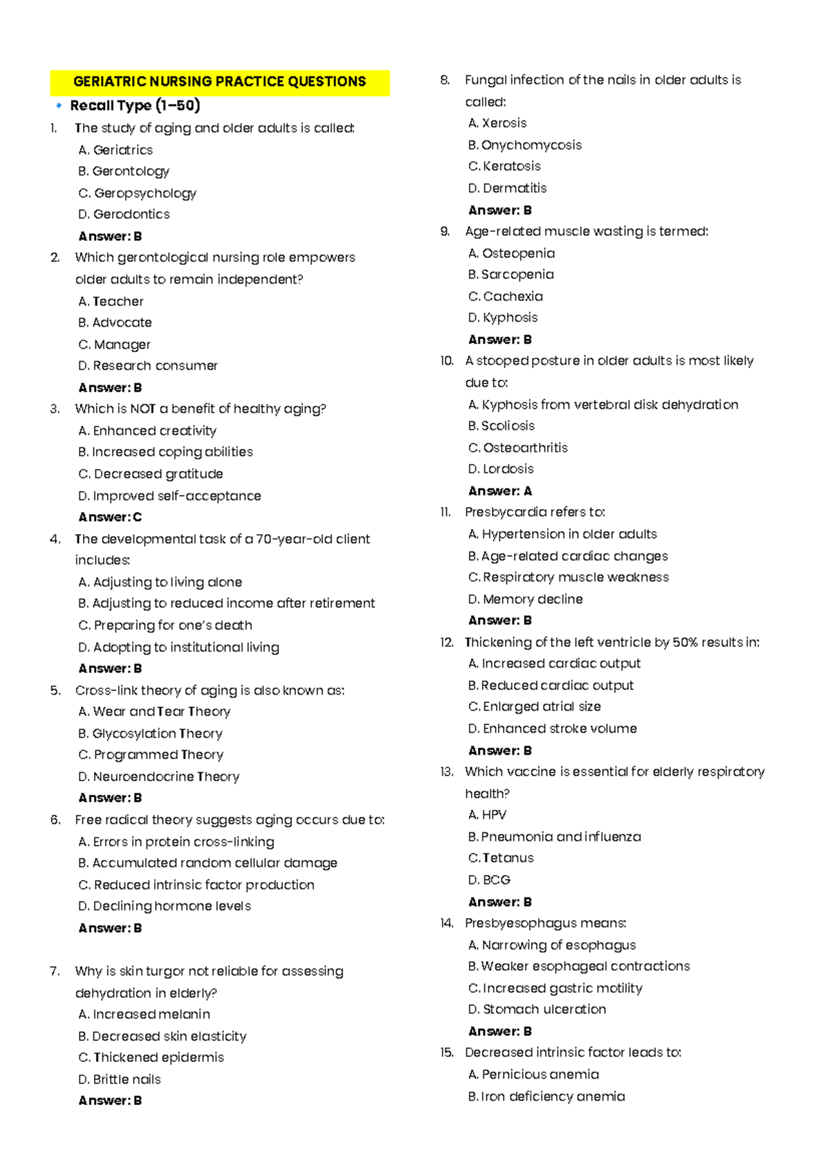 Geriatric Nursing Practice Questions (GERI 101) - Recall Type - Studocu