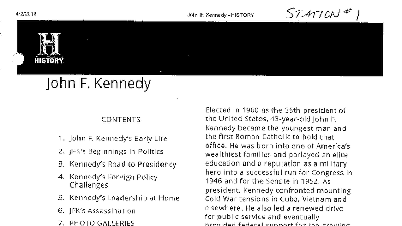 HISTORY S 7477100: John F. Kennedy - Class Notes on His Life and ...