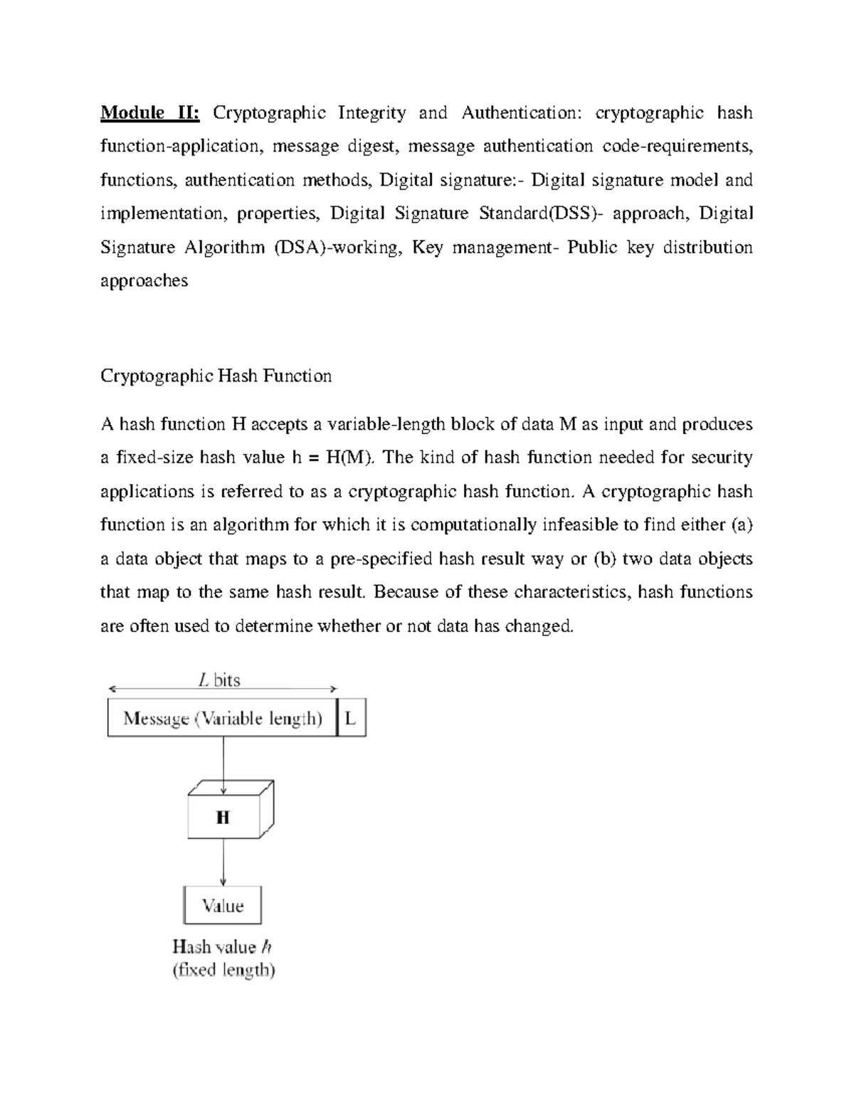 Module II: Cryptographic Hash Functions & Digital Signatures - CS101 ...