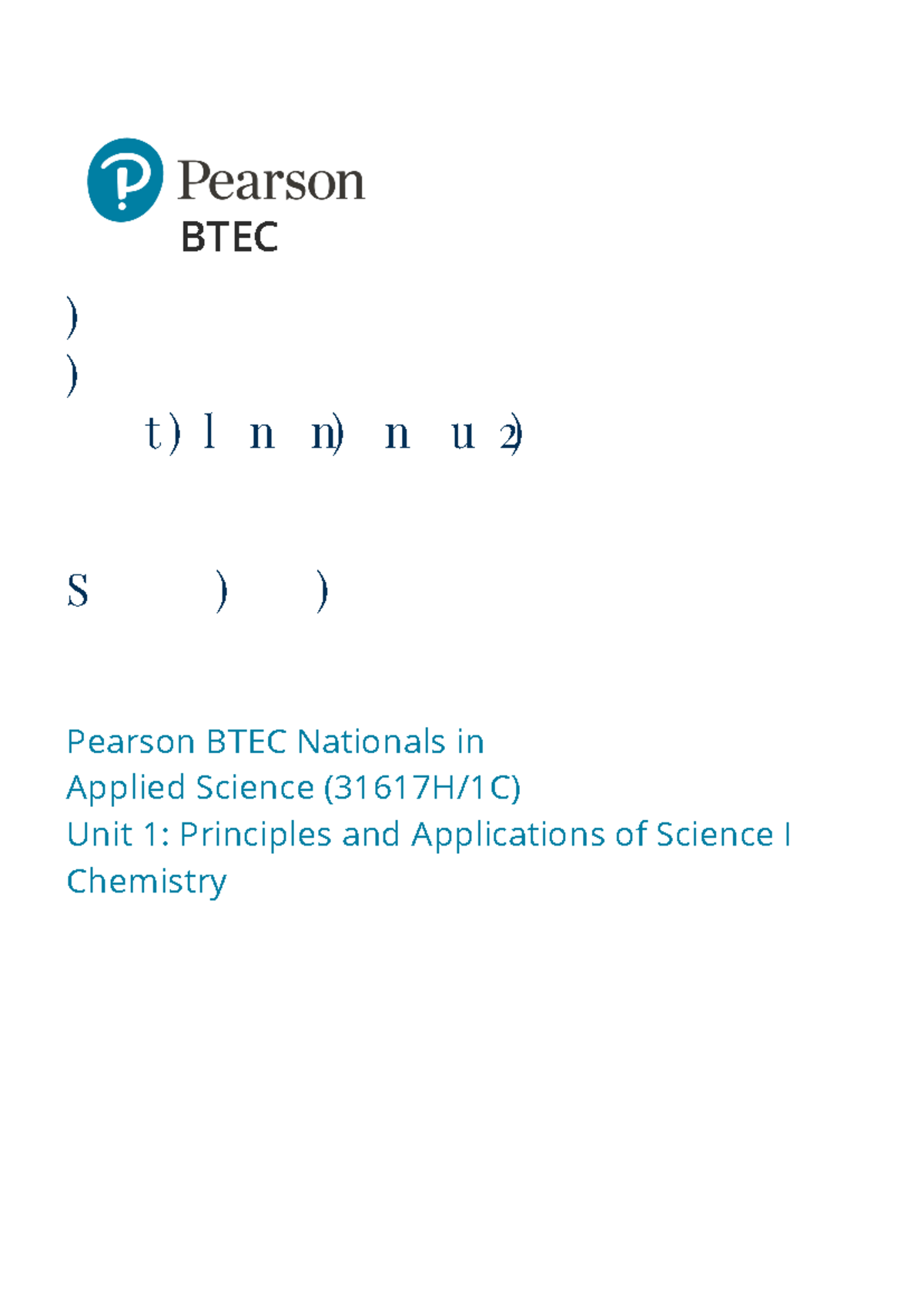 Unit 1 Chemistry Mark Scheme - Pearson BTEC Nationals Jan 2024 - Studocu
