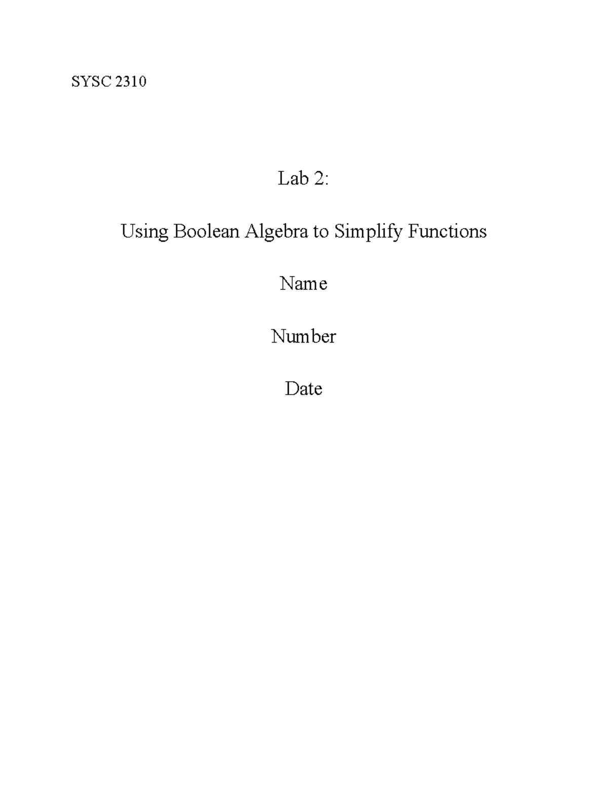 SYSC 2310 Lab 2: Boolean Algebra & FPGA Implementation - Studocu