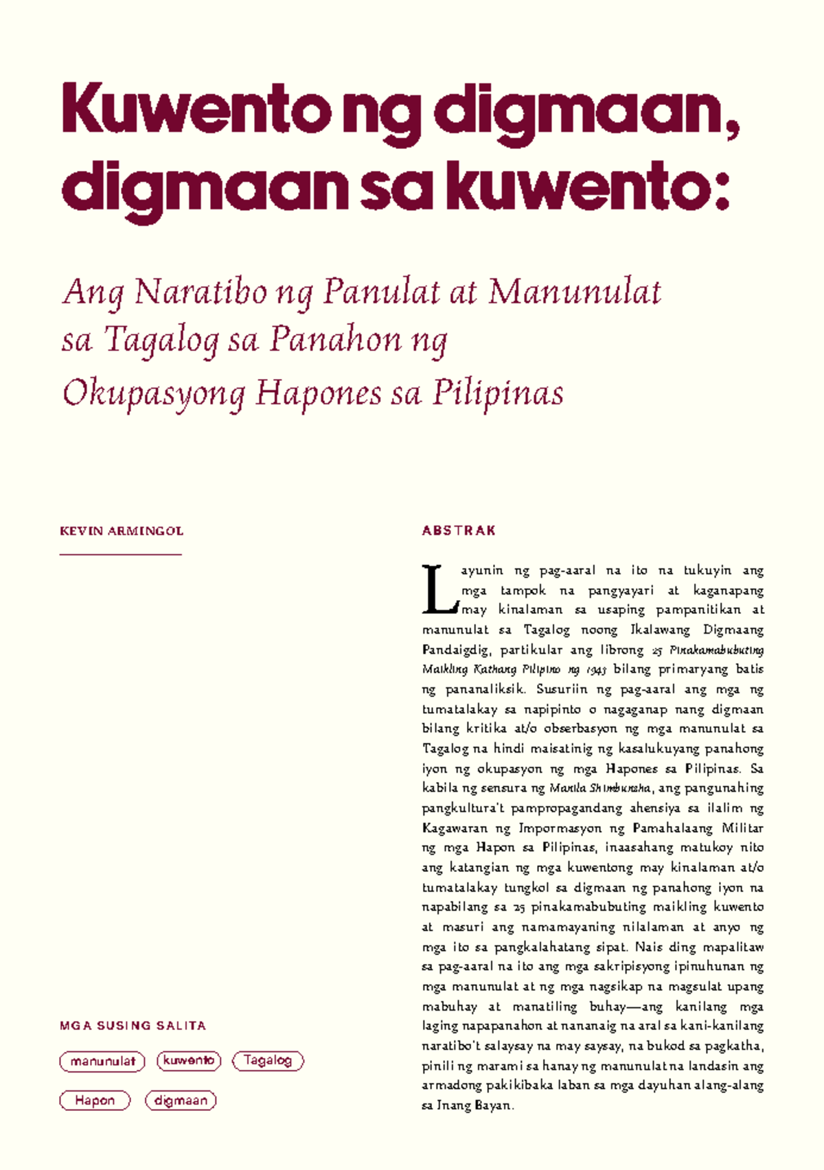 Kuwento ng Digmaan: Naratibo ng Panulat sa Panahon ng Okupasyong Hapon ...