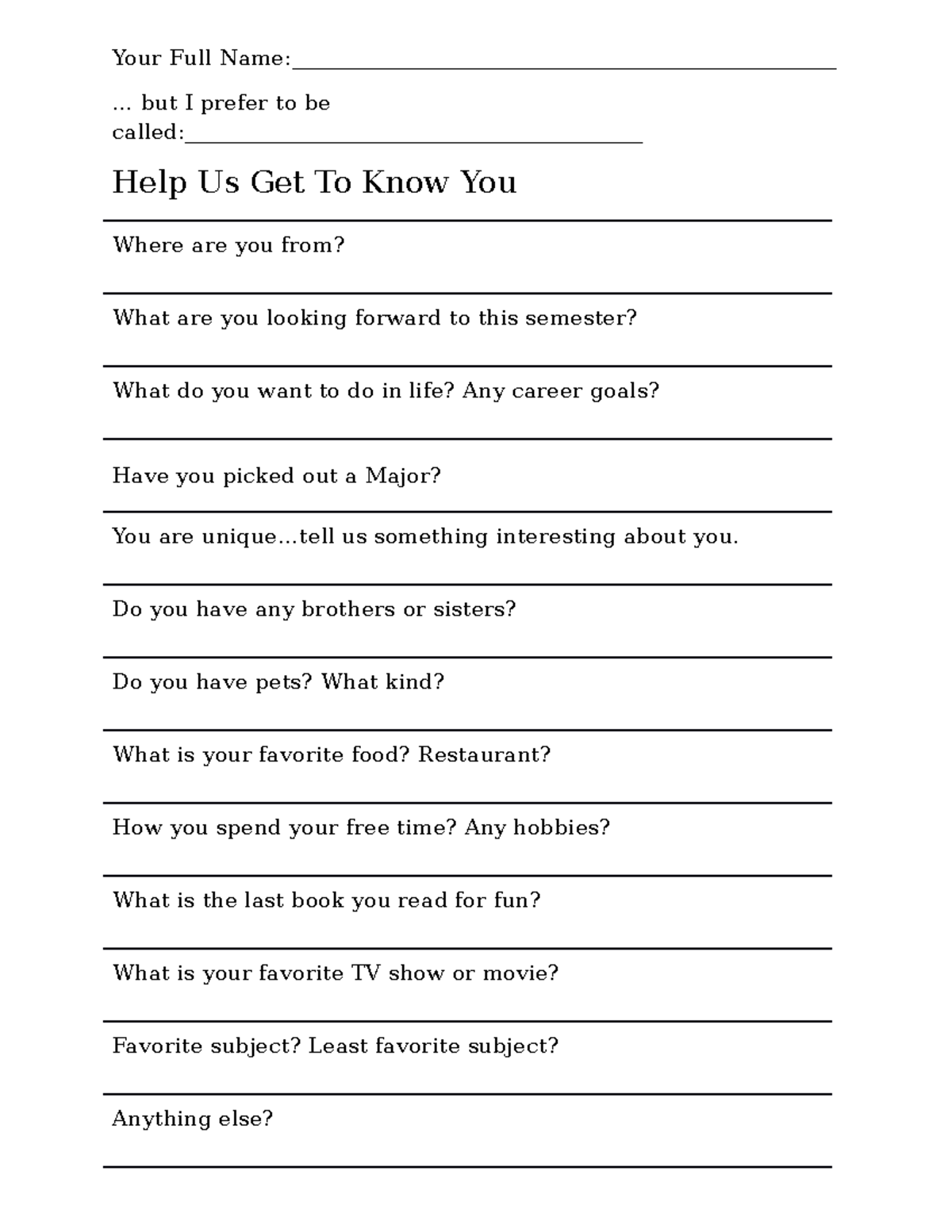 Help Us Get to Know You - Help the teacher and class get to know you ...