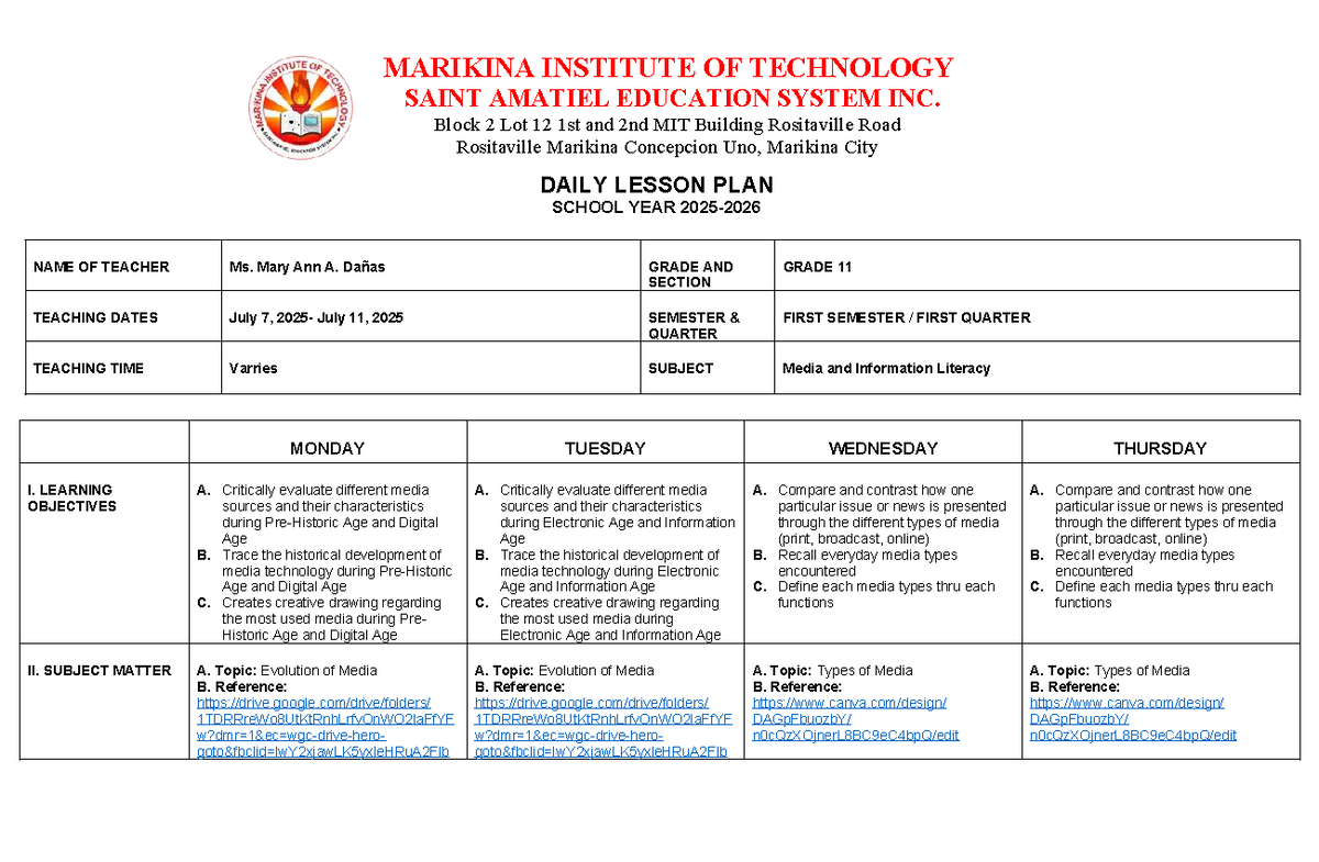 MEDIA AND INFORMATION LITERACY LESSON LOG - GRADE 11 (SY 2025) - Studocu