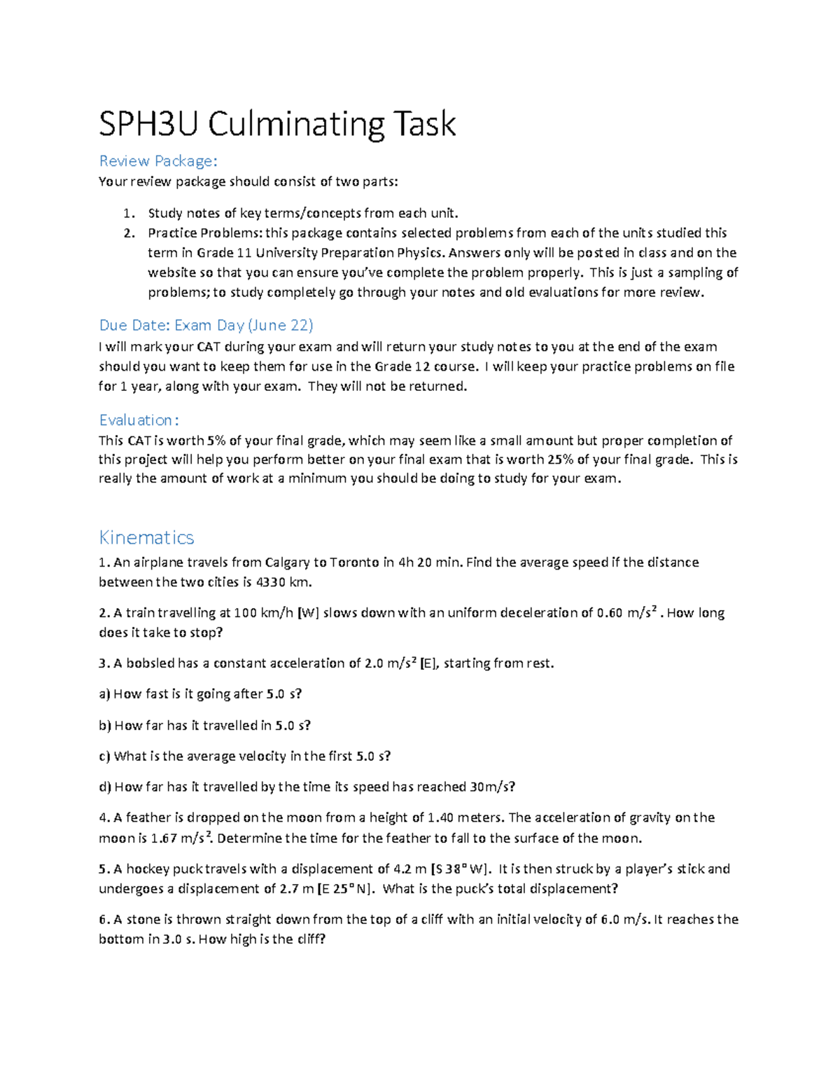 SPH3U Culminating Task Review: Key Concepts & Practice Problems - Studocu