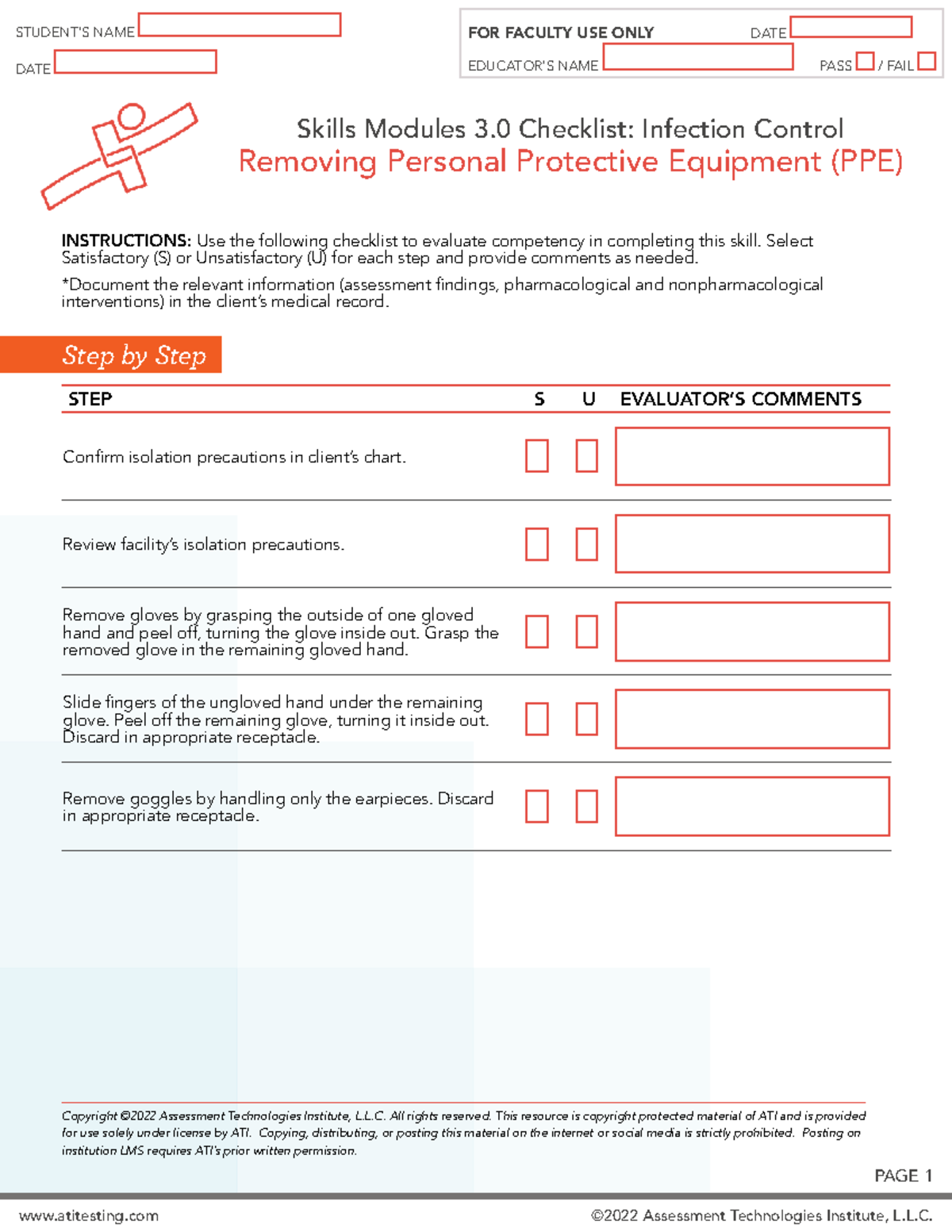 Skills Checklist: Infection Control & PPE Removal (3.0) - Studocu
