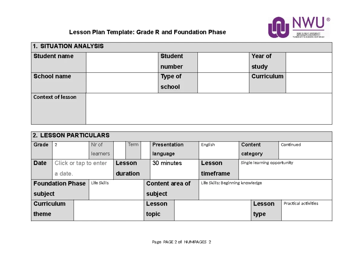 LSKS 111 Lesson Plan Template for Grade R & Foundation Phase - Studocu