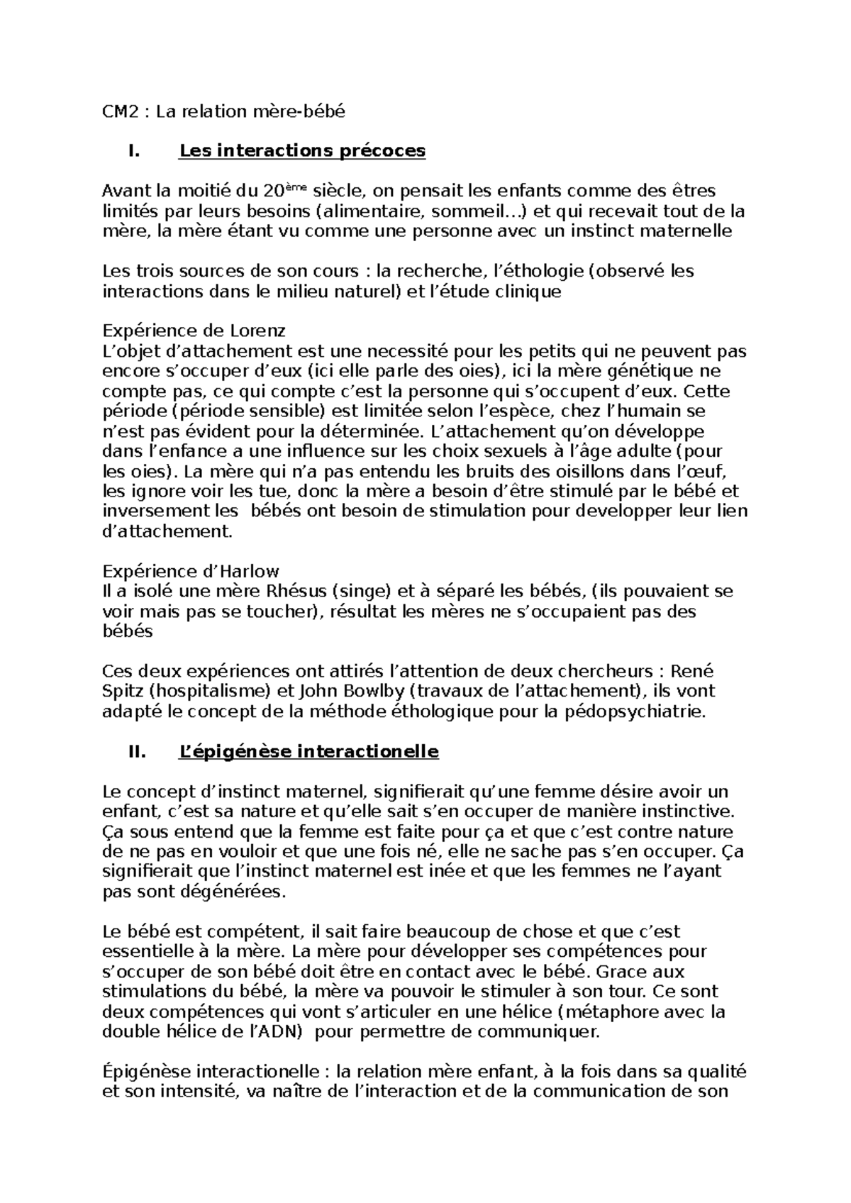 CM2 : La relation mère-enfant et les interactions précoces - Studocu