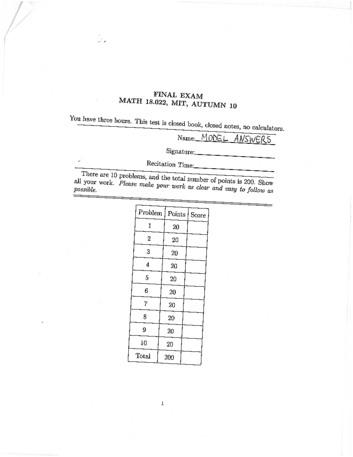 FINAL EXAM MODEL ANSWERS MATH 18.022 MIT AUTUMN 10 - Studocu