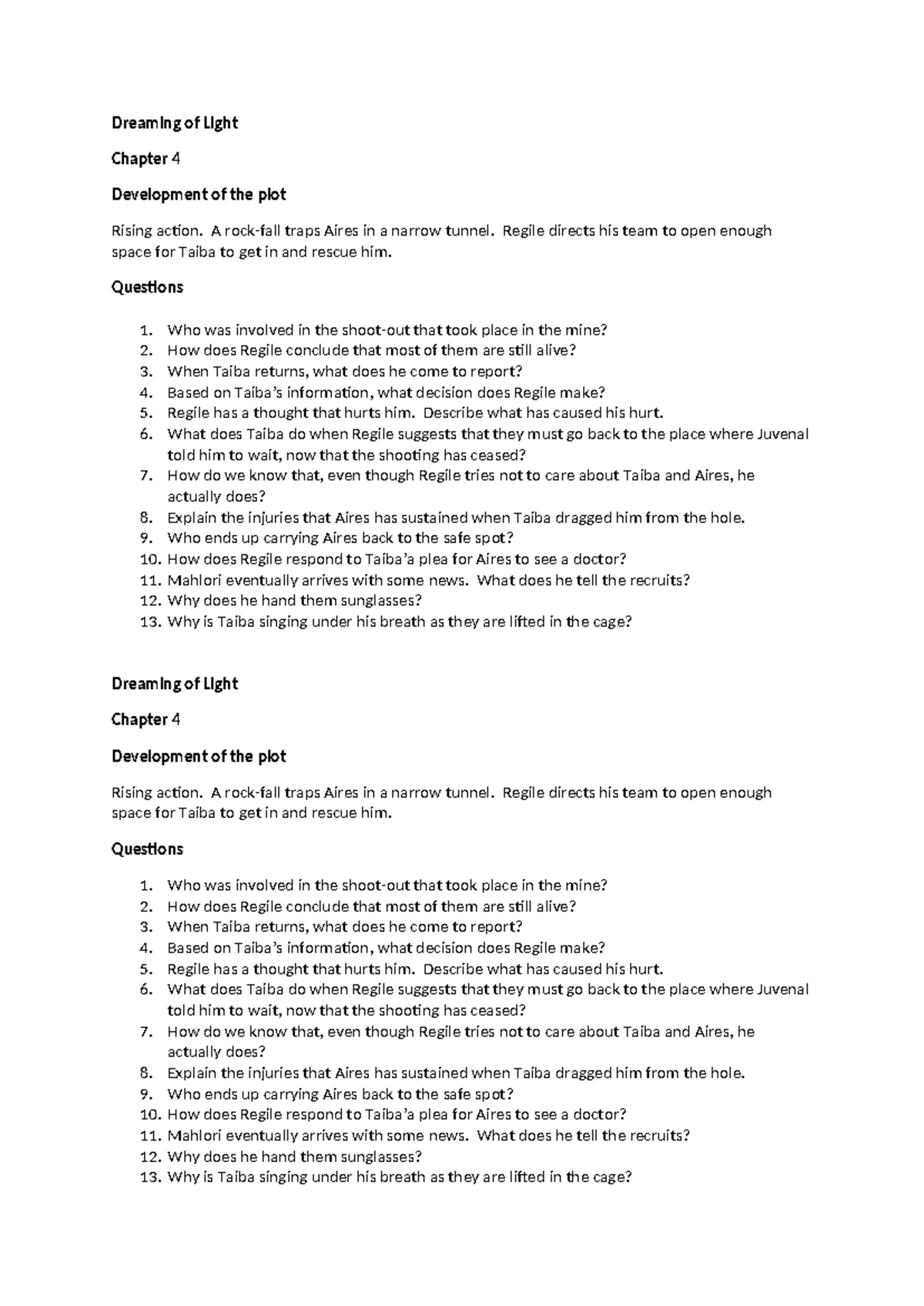 Dreaming of Light CH4: Plot Development & Rising Action Questions - Studocu