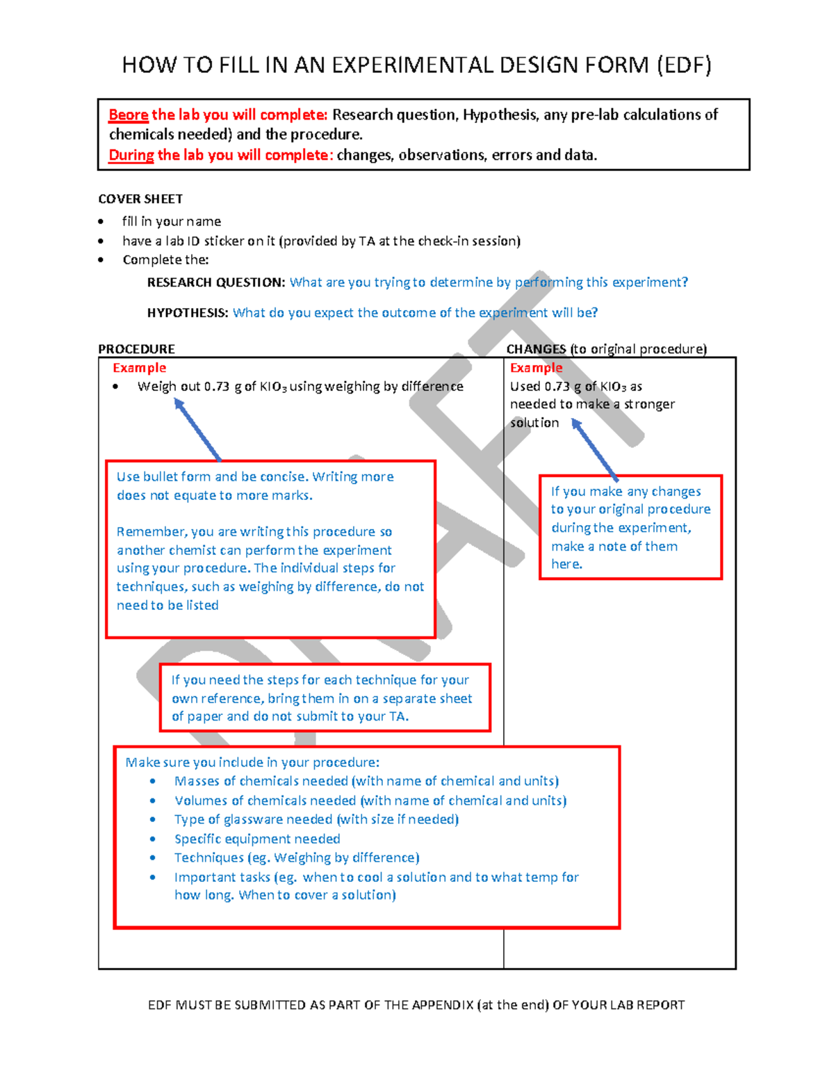 Filling in the Experimental Design Form (EDF) - Chem 123 2025W - Studocu
