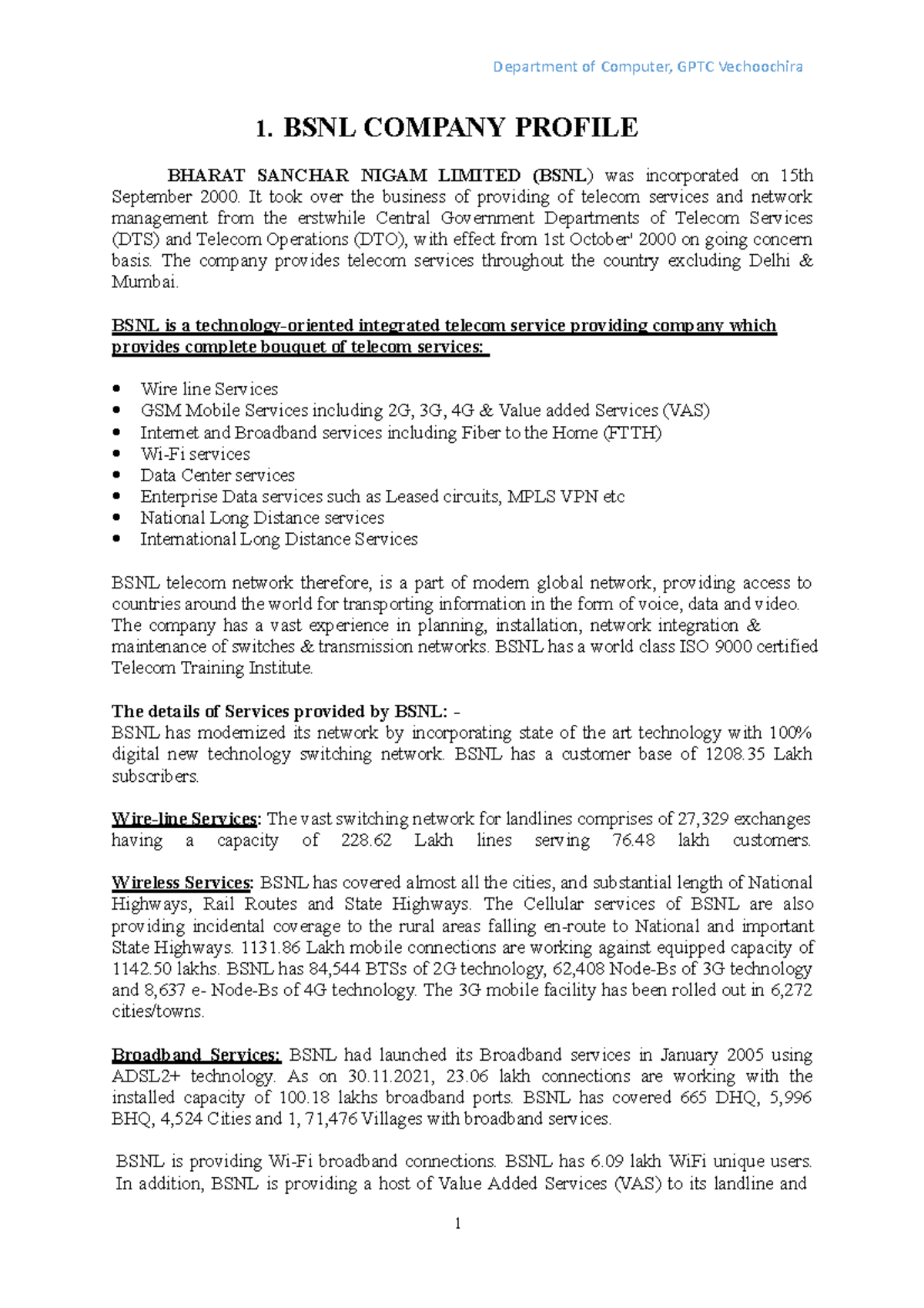 Internship Report - Department of Computer, GPTC Vechoochira 1 1. BSNL ...
