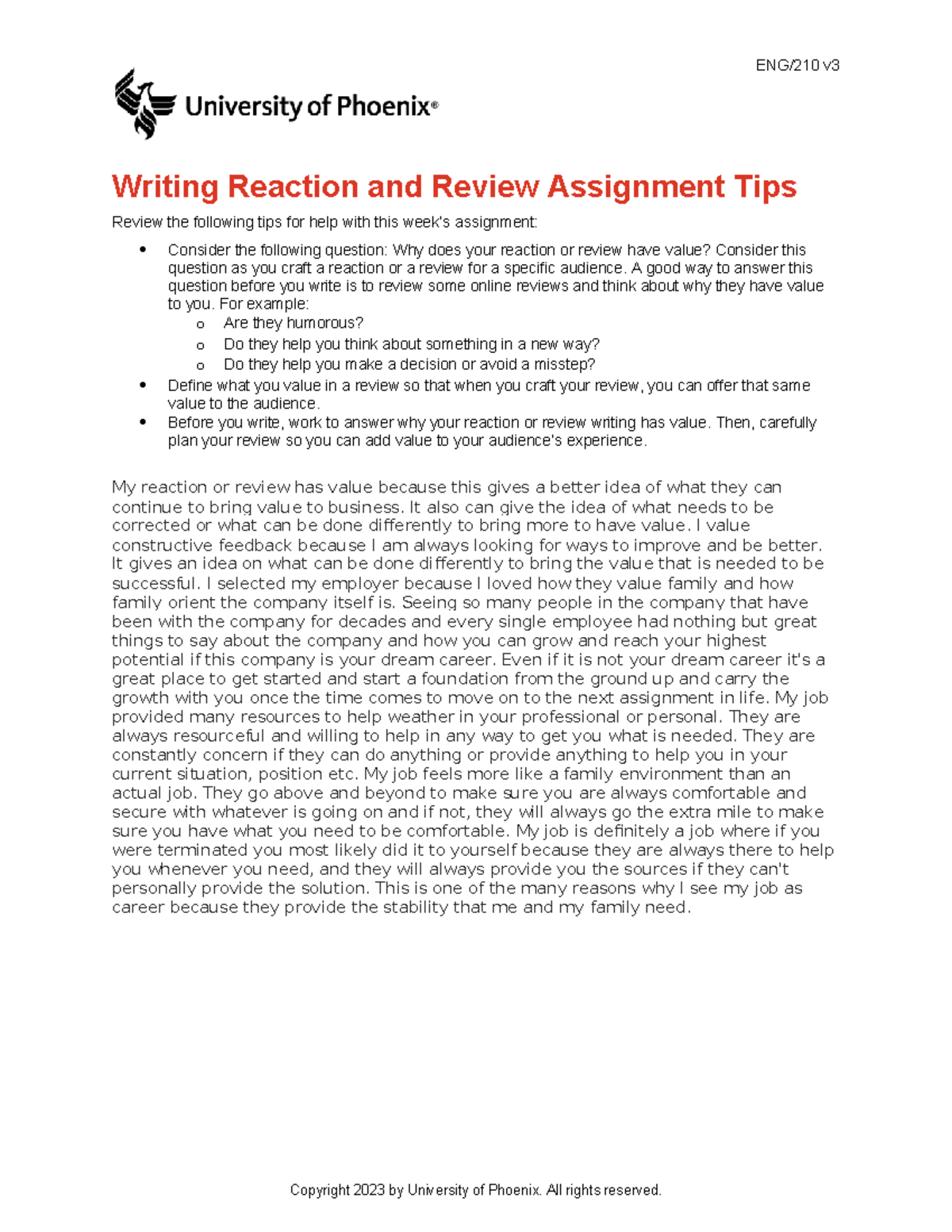 ENG/210 v3 Week 2 Reaction & Review Assignment Writing Tips - Studocu