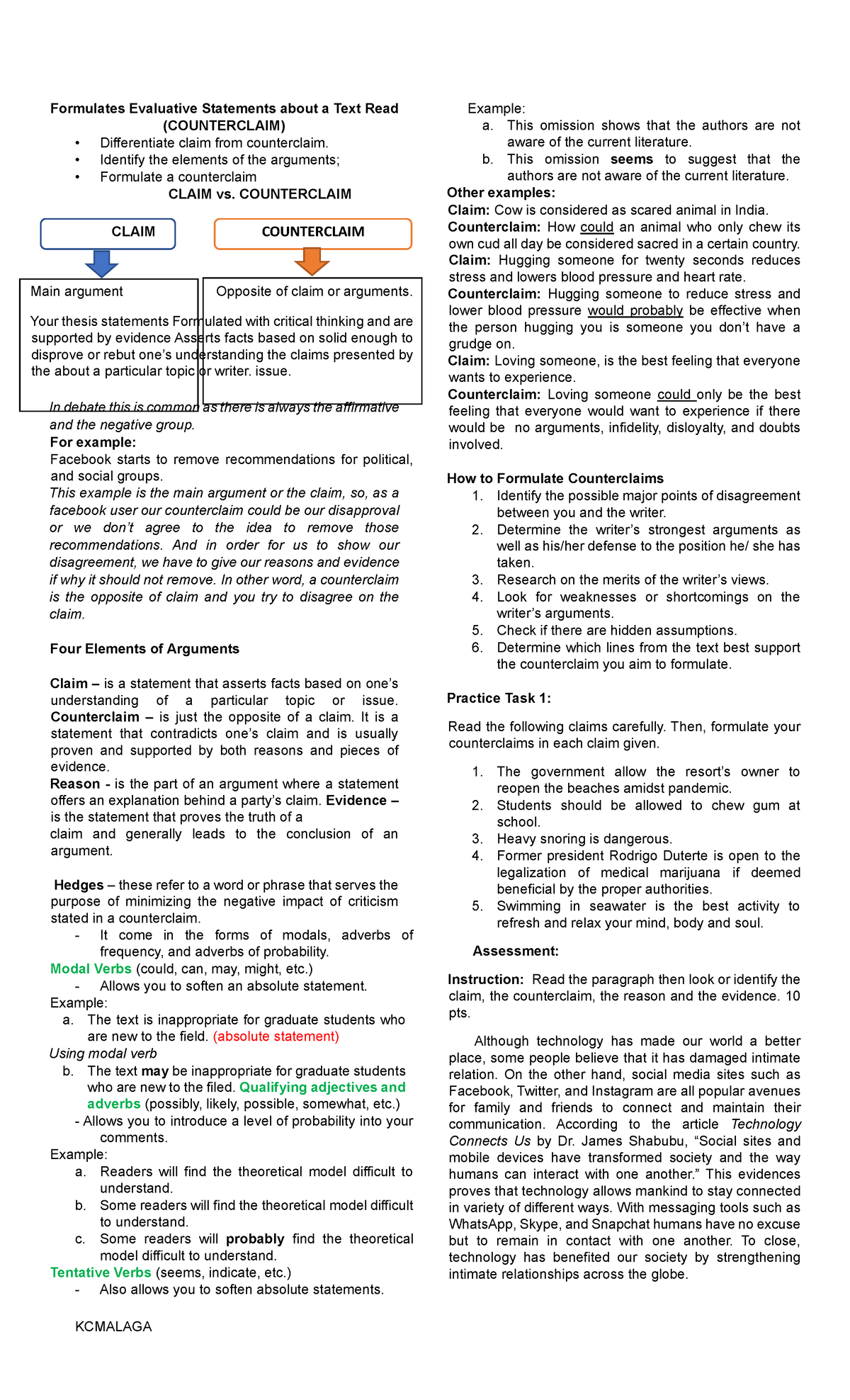 KCMALAGA Counterclaim Handouts: Understanding Claims & Counterclaims ...