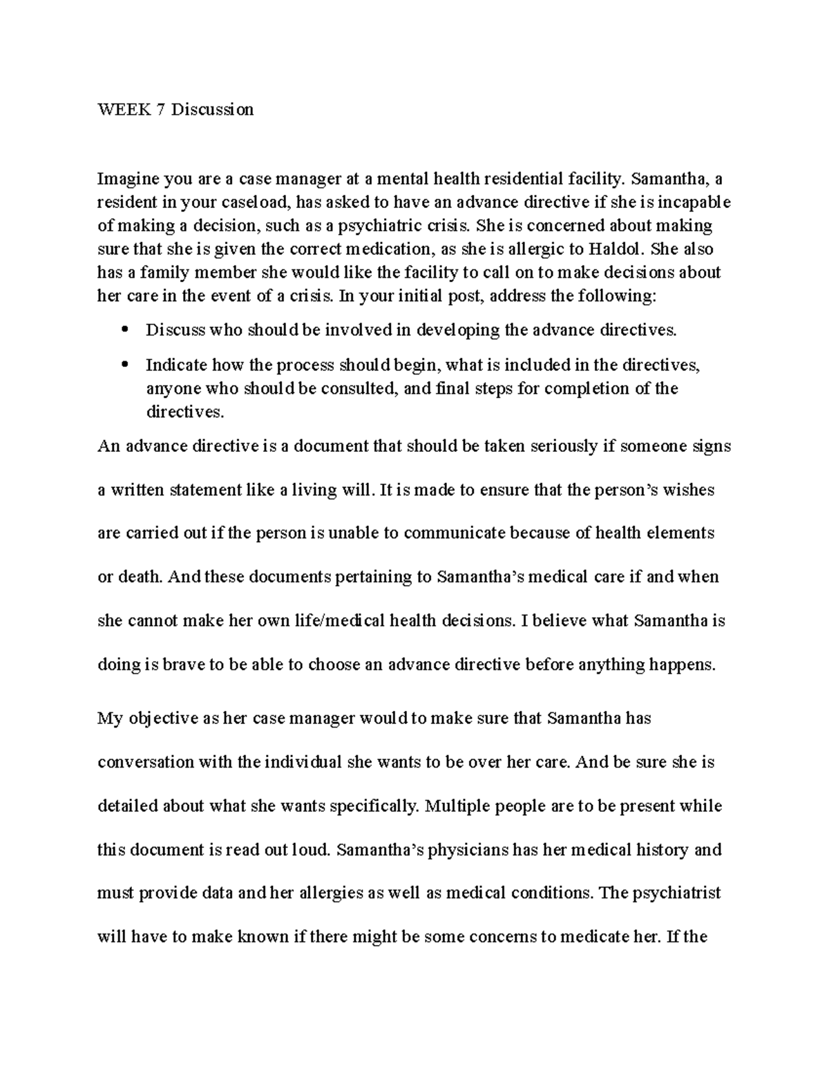 Week 7 Discussion - WEEK 7 Discussion Imagine you are a case manager at ...
