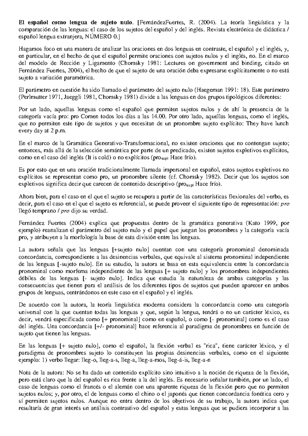 5. El español como lengua de sujeto nulo - [FernándezFuertes, R. (2004 ...