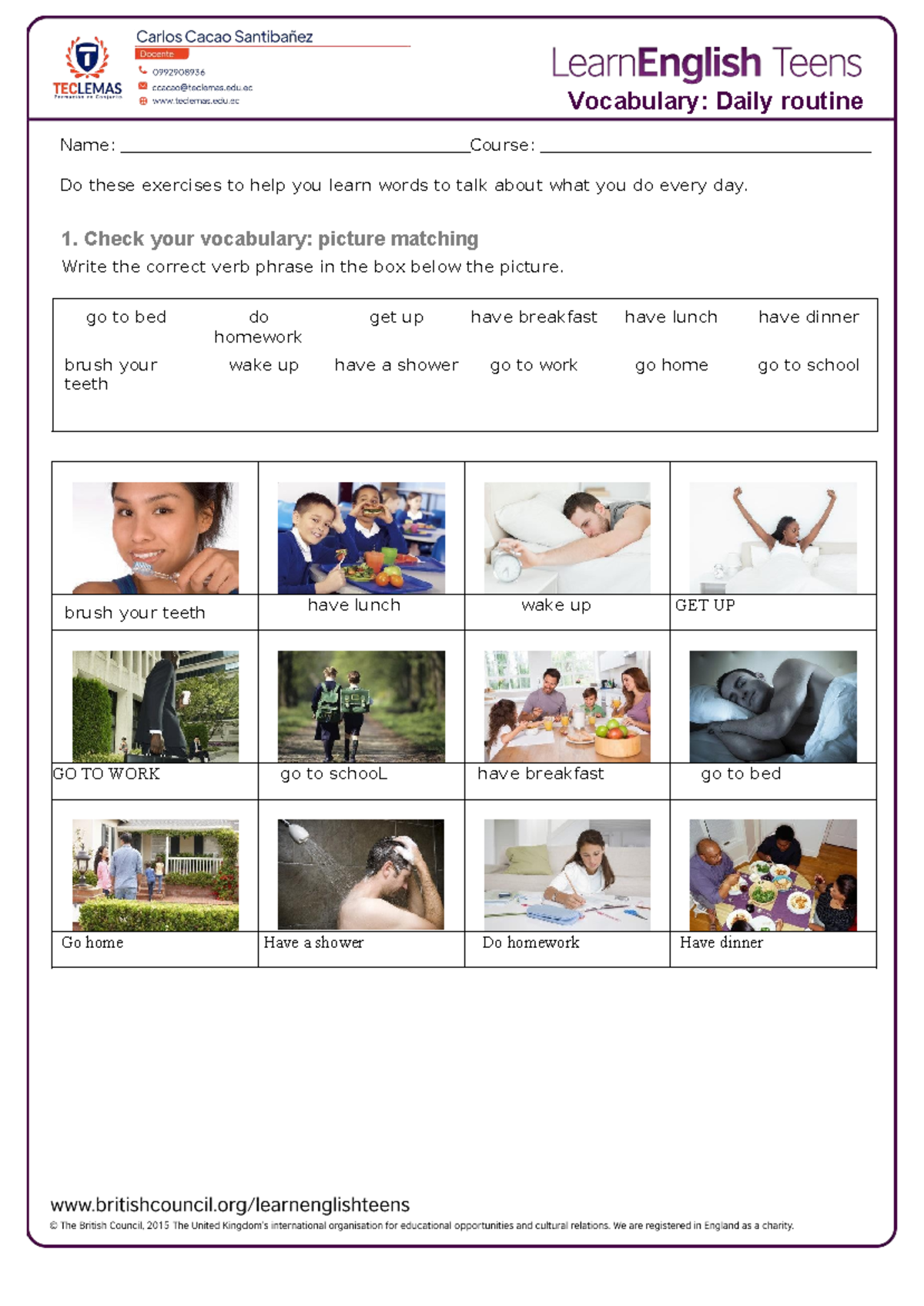 Vocabulary Exercises: Daily Routine A2 - Studocu