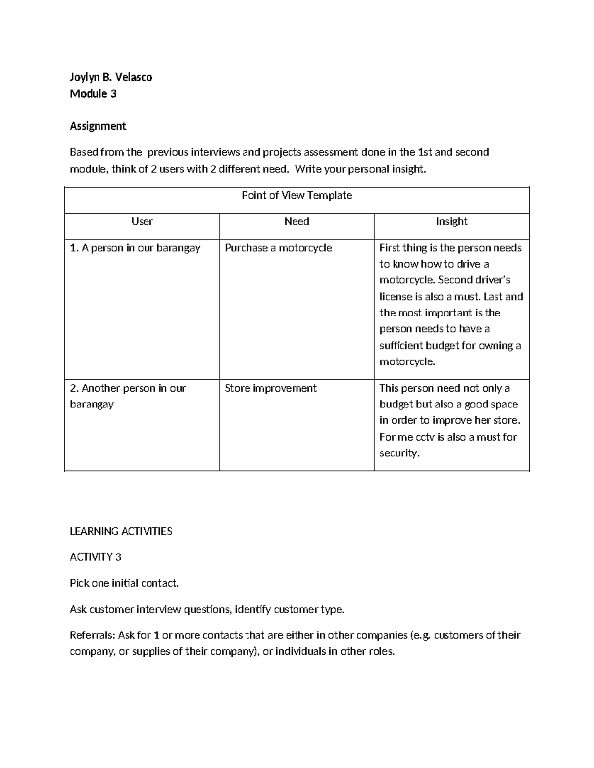 OM1 IM3 - User Needs Insights from Interviews and Assessments - Studocu