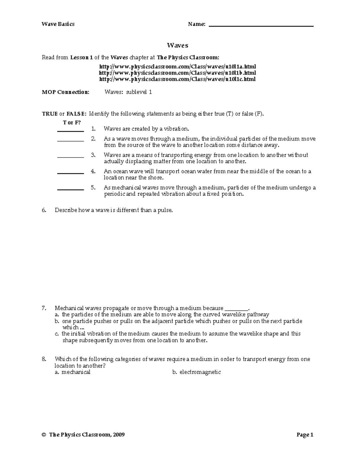 Waves Basics Workbook (Physics 101: Chapter Exercises and Concepts) - Wave Basics Name: Waves ...
