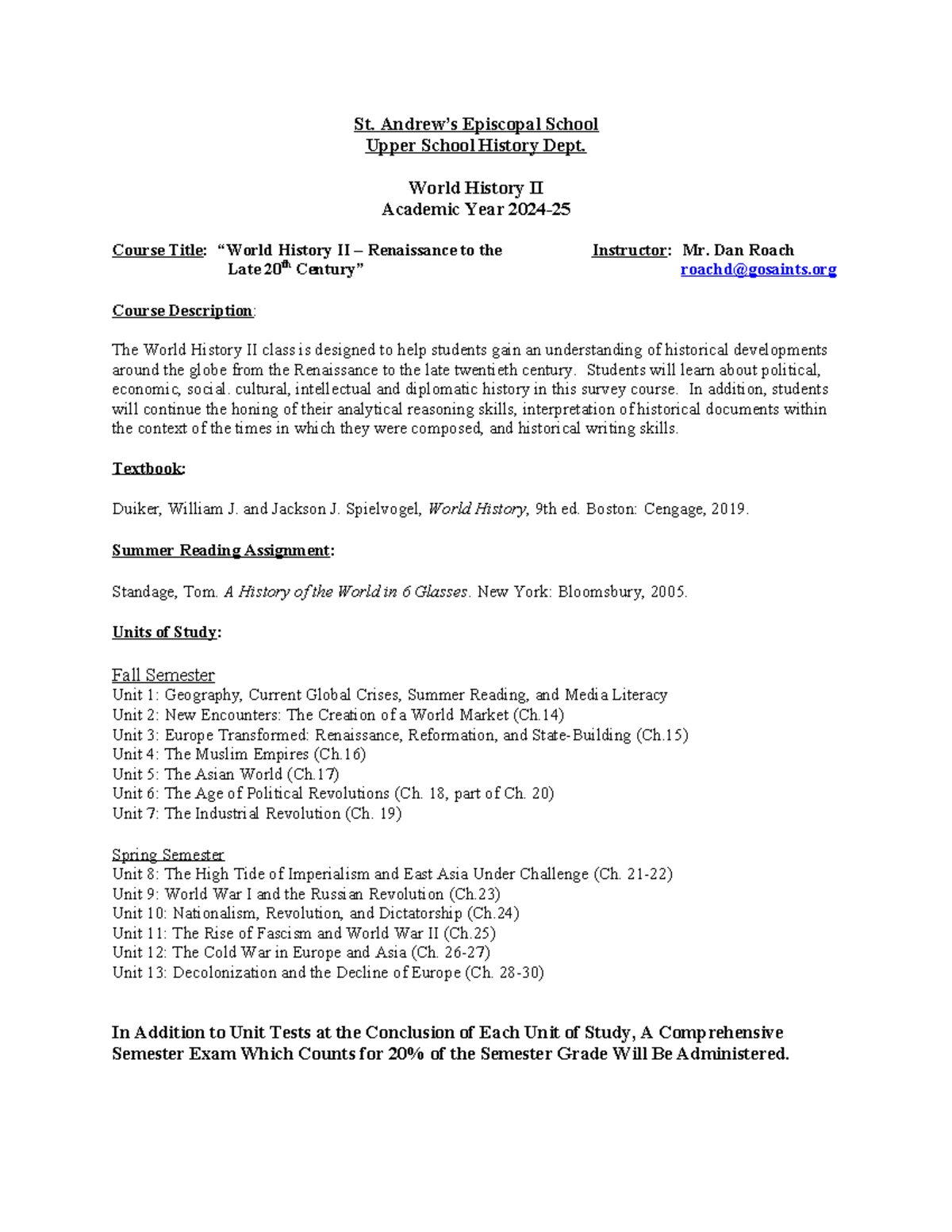 World History II Syllabus - Renaissance to Late 20th Century (2024 ...