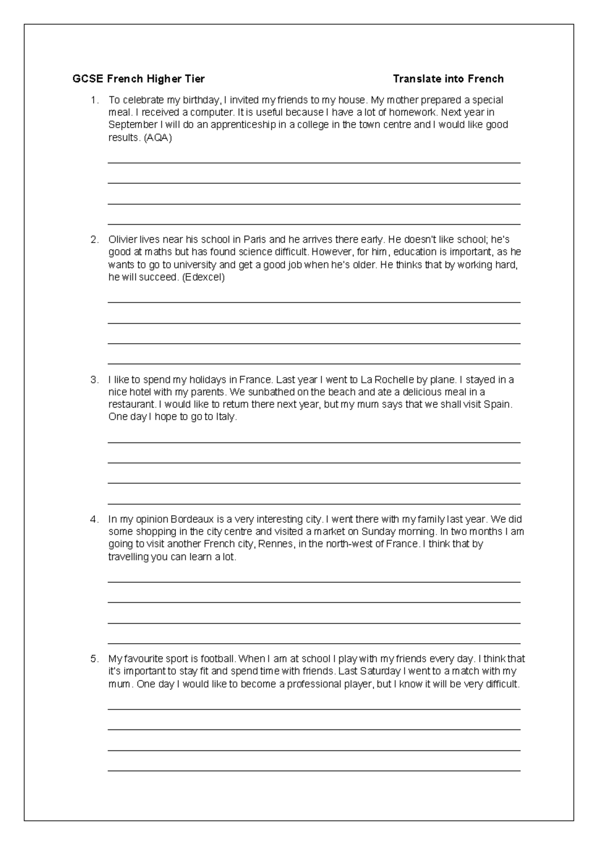 GCSE French Higher Tier Translation Exercises and Answers - Studocu