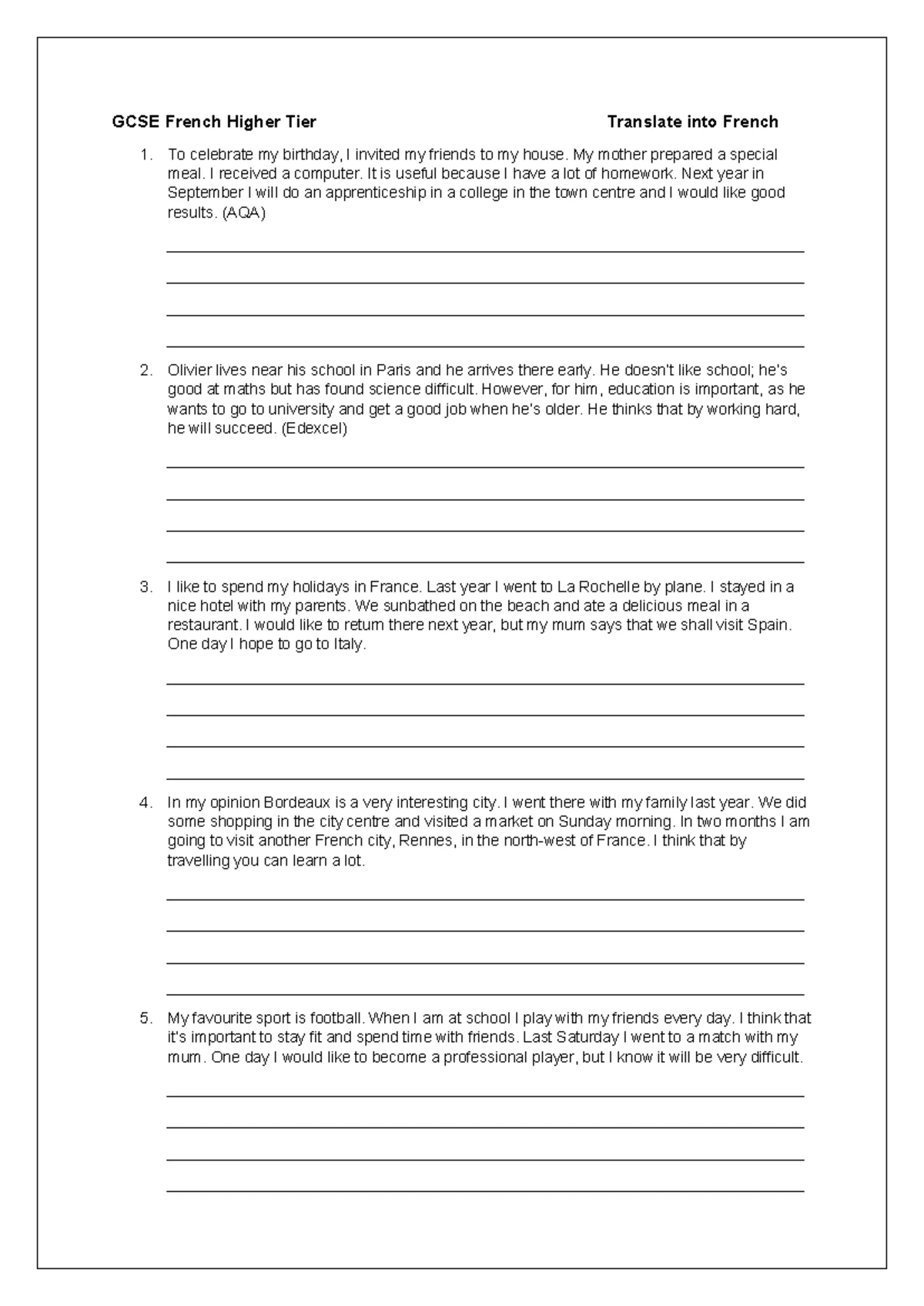 GCSE French Higher Tier Translation Exercises and Answers - Studocu