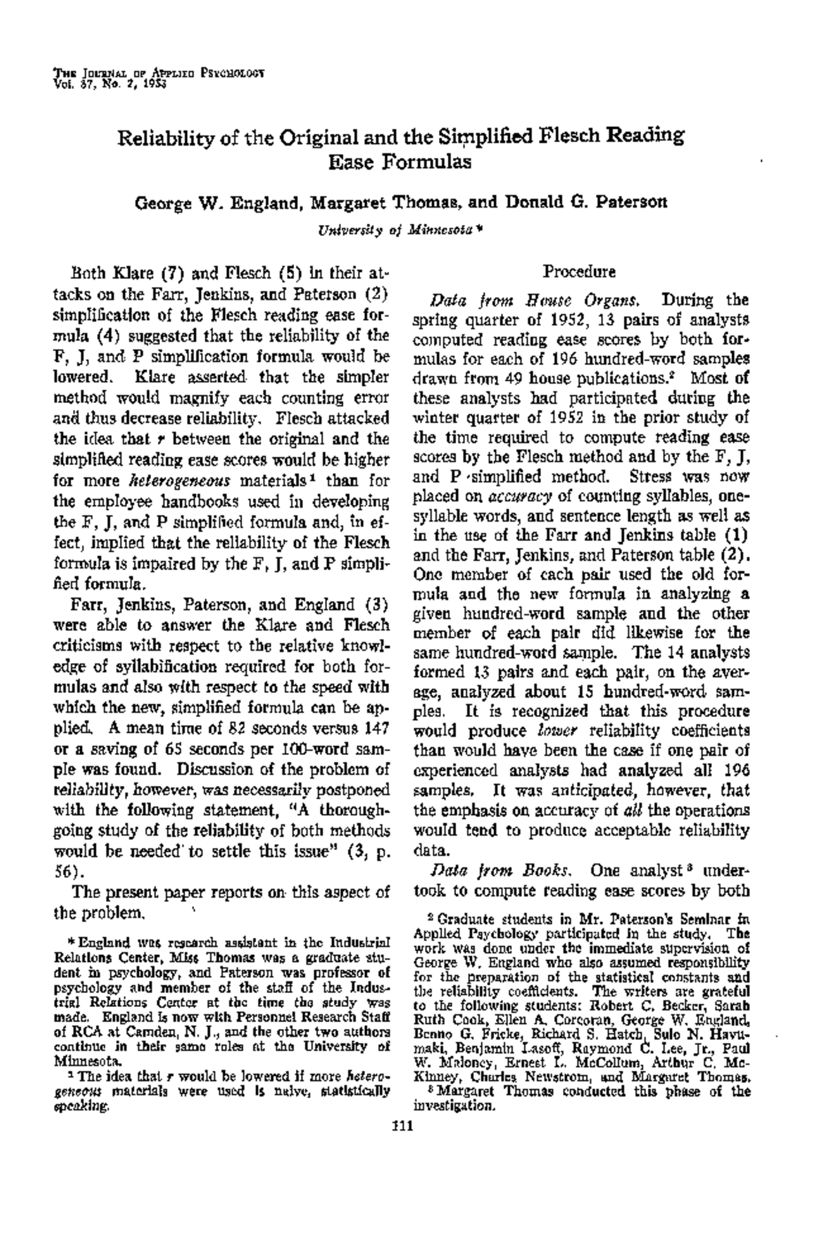 Reliability Study of Flesch Reading Ease Formulas - Psychology 1953 ...