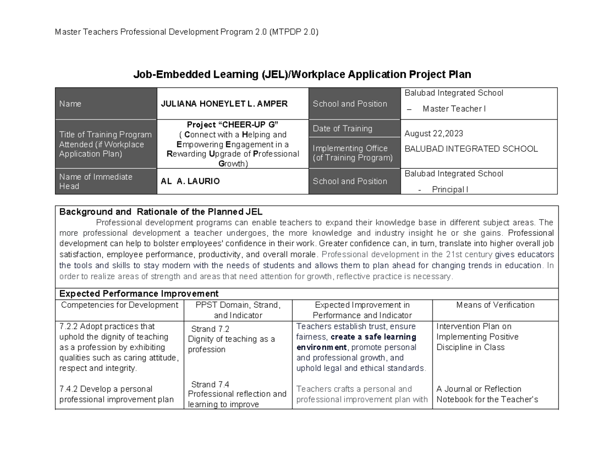 JEL-Plan for Avancing Professional Growth: Juliana Honeylet L. Amper-MT ...