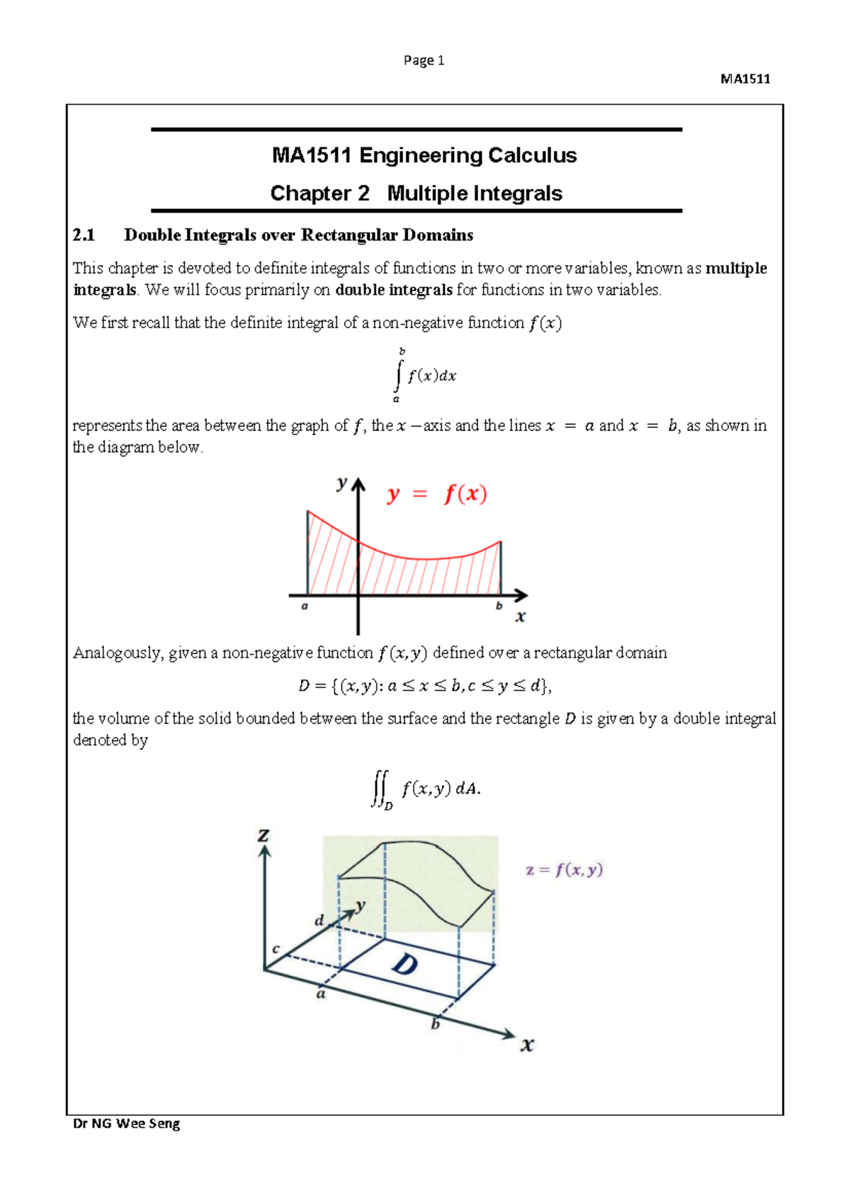 MA1511 Engineering Calculus: Chapter 2 - Multiple Integrals - Studocu