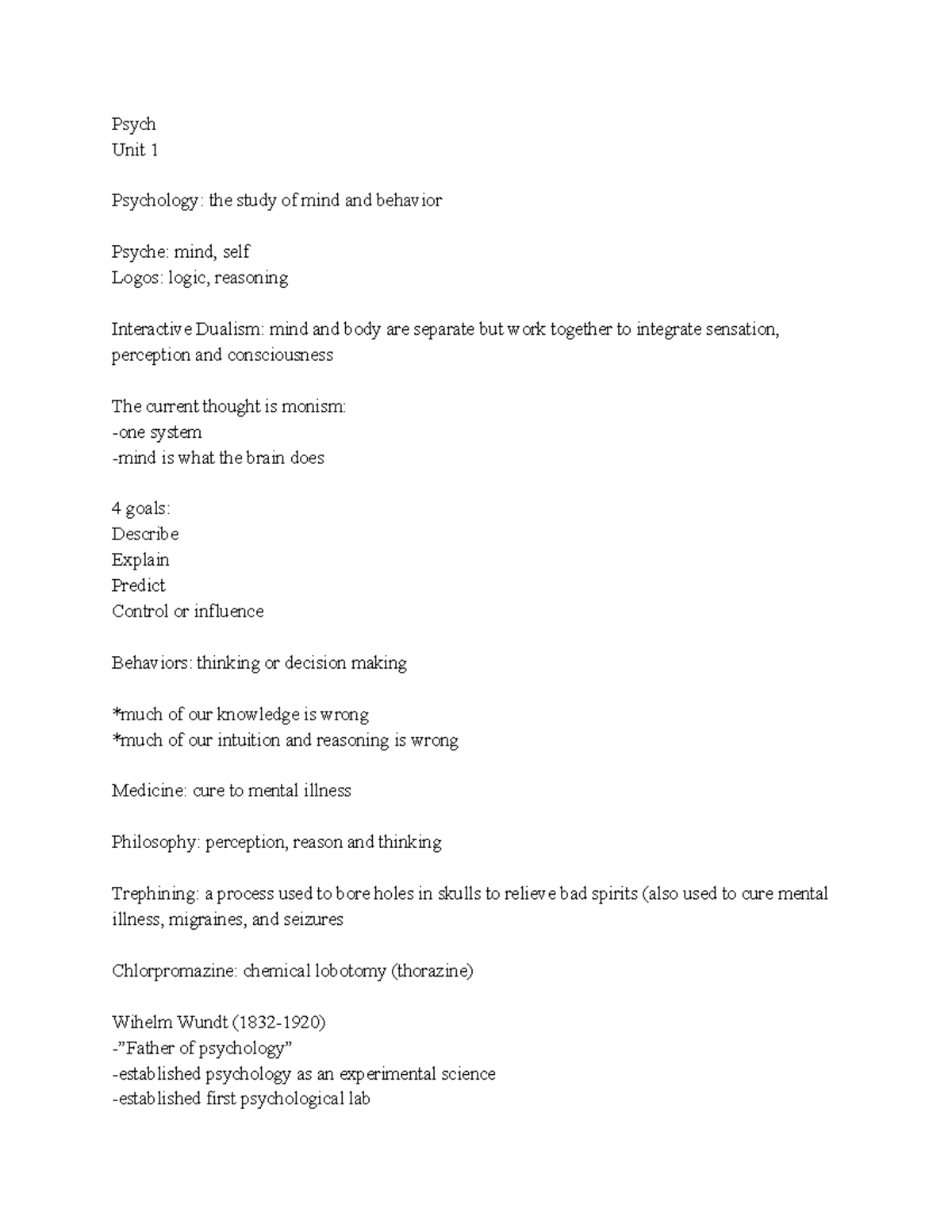 Psychology 101 Unit 1 Lecture Notes On Mind And Behavior Studocu