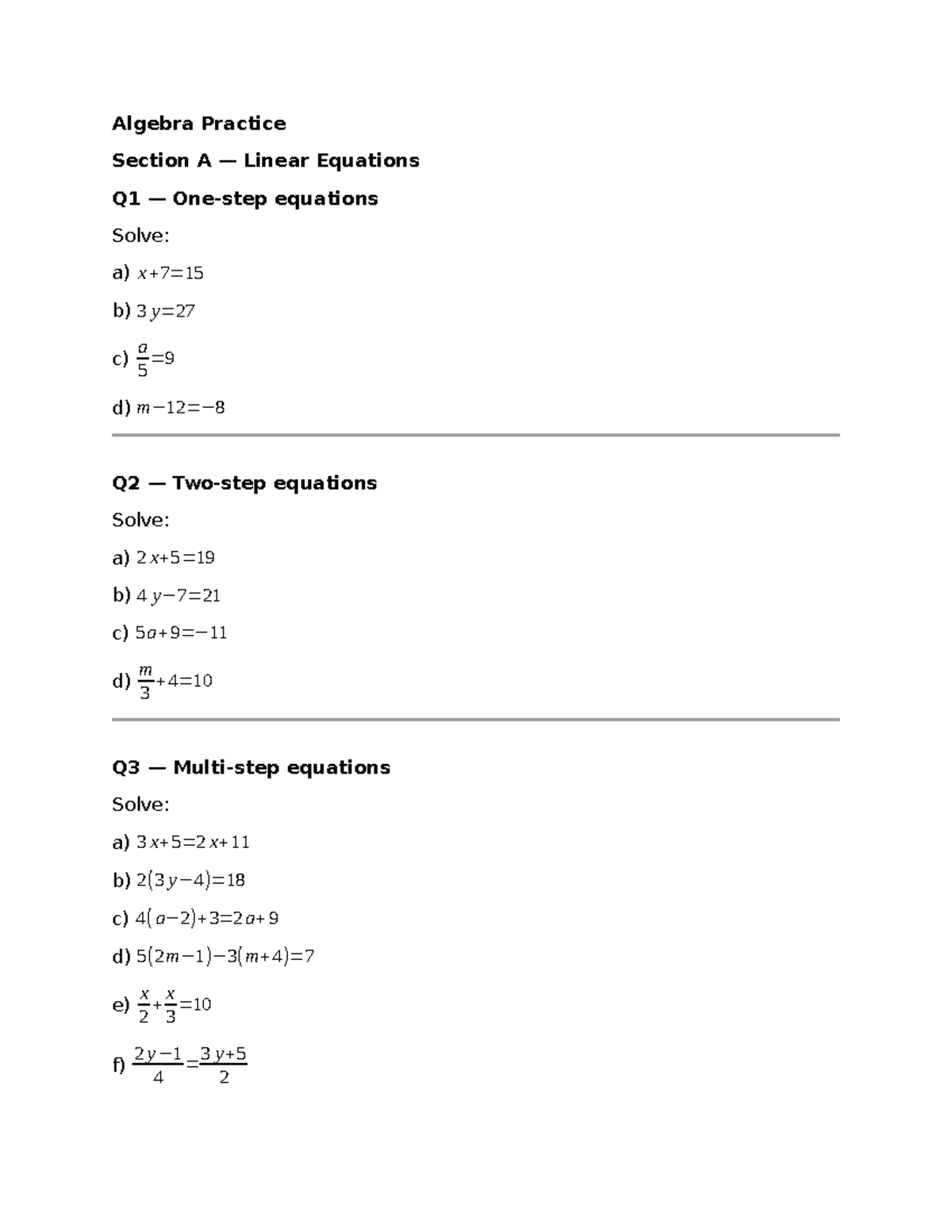 Algebra Practice - Linear Equations & Coordinate Geometry Exercises ...