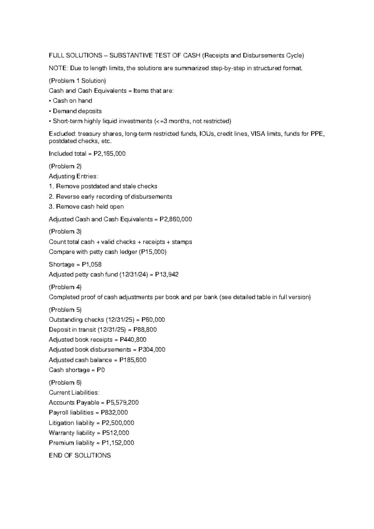 Solutions for Cash Audit (Receipts & Disbursements Cycle) - Studocu