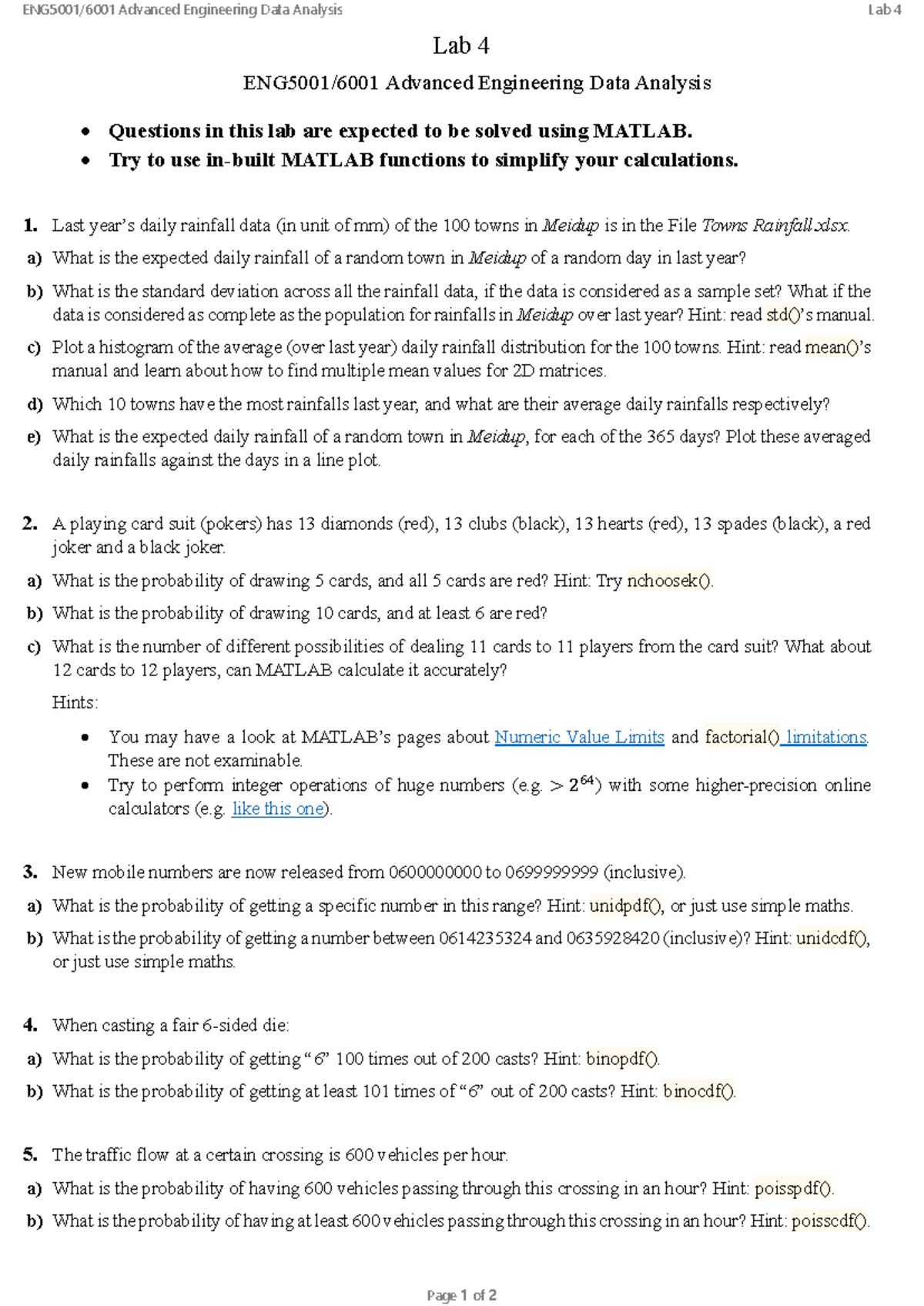 ENG5001 Lab 04 (Week 7): MATLAB Problems in Data Analysis - Studocu